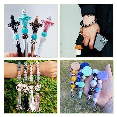 Boutigem 76pcs Cow Printed Round Silicone Beads Soft Rubber Beads for Keychain Making Wood European Beads & Big Pendants for Wristlet Phone Lanyard Pen Jewelry Making DIY Craft