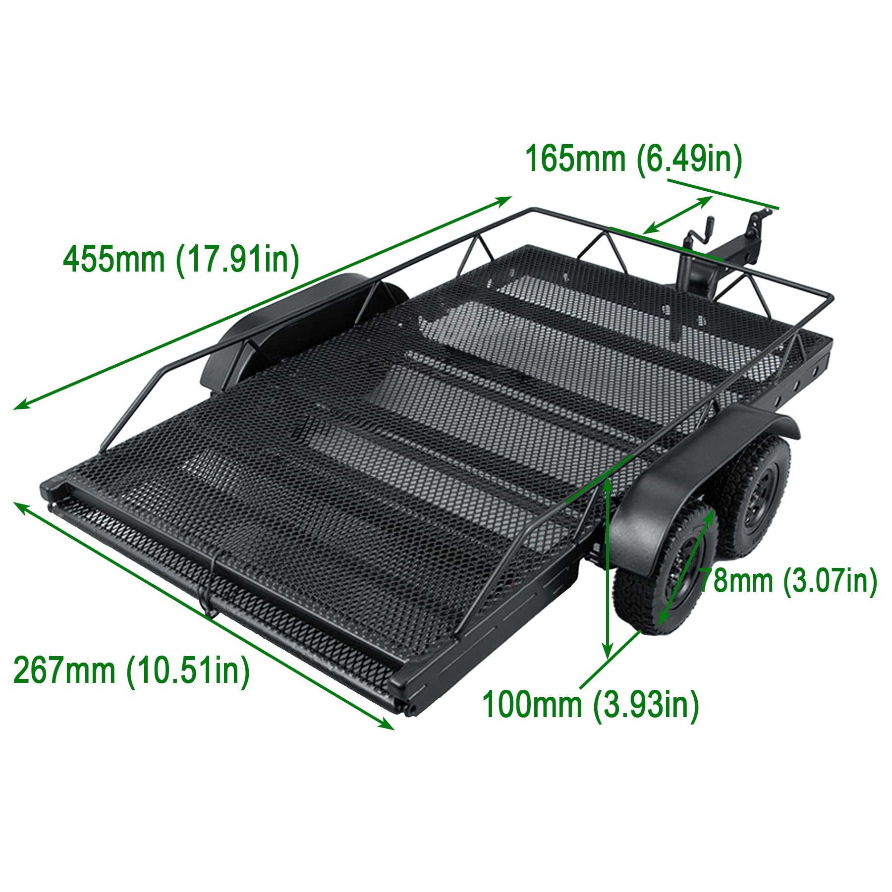 AMK RC Trailer, 1/10 Scale Trailer, Metal 1/10 RC Trailer with RC Trailer Hook Coupler and 1/10 RC Kinetic Winch Strap for 1/10 RC Crawler SCX10 TRX6 Redcat GEN8 TRX4 Upgrades