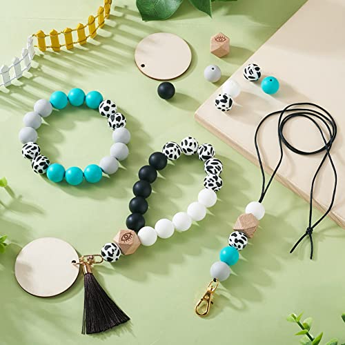 Boutigem 76pcs Cow Printed Round Silicone Beads Soft Rubber Beads for Keychain Making Wood European Beads & Big Pendants for Wristlet Phone Lanyard Pen Jewelry Making DIY Craft