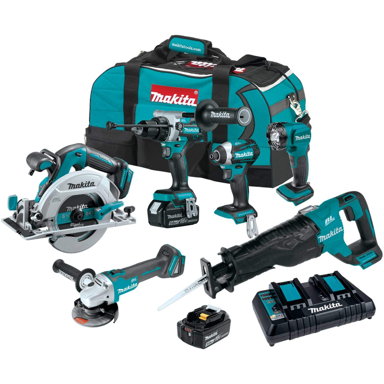 Makita XT616PT 18V LXT Lithium-Ion Brushless Cordless 6-Pc. Combo Kit (5.0Ah), BL1860B 18V LXT Lithium-Ion 6.0Ah Battery, and XAG04Z 18V LXT Li-Ion Brushless Cordless 4-1/2” / 5" Cut-Off/Angle Grinder