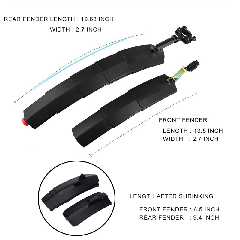 LESOVI Retractable Bike Fenders Set Fender Front & Rear Mountain Road Bike Mudguard Tyre Mud Guard with LED Light (Black)