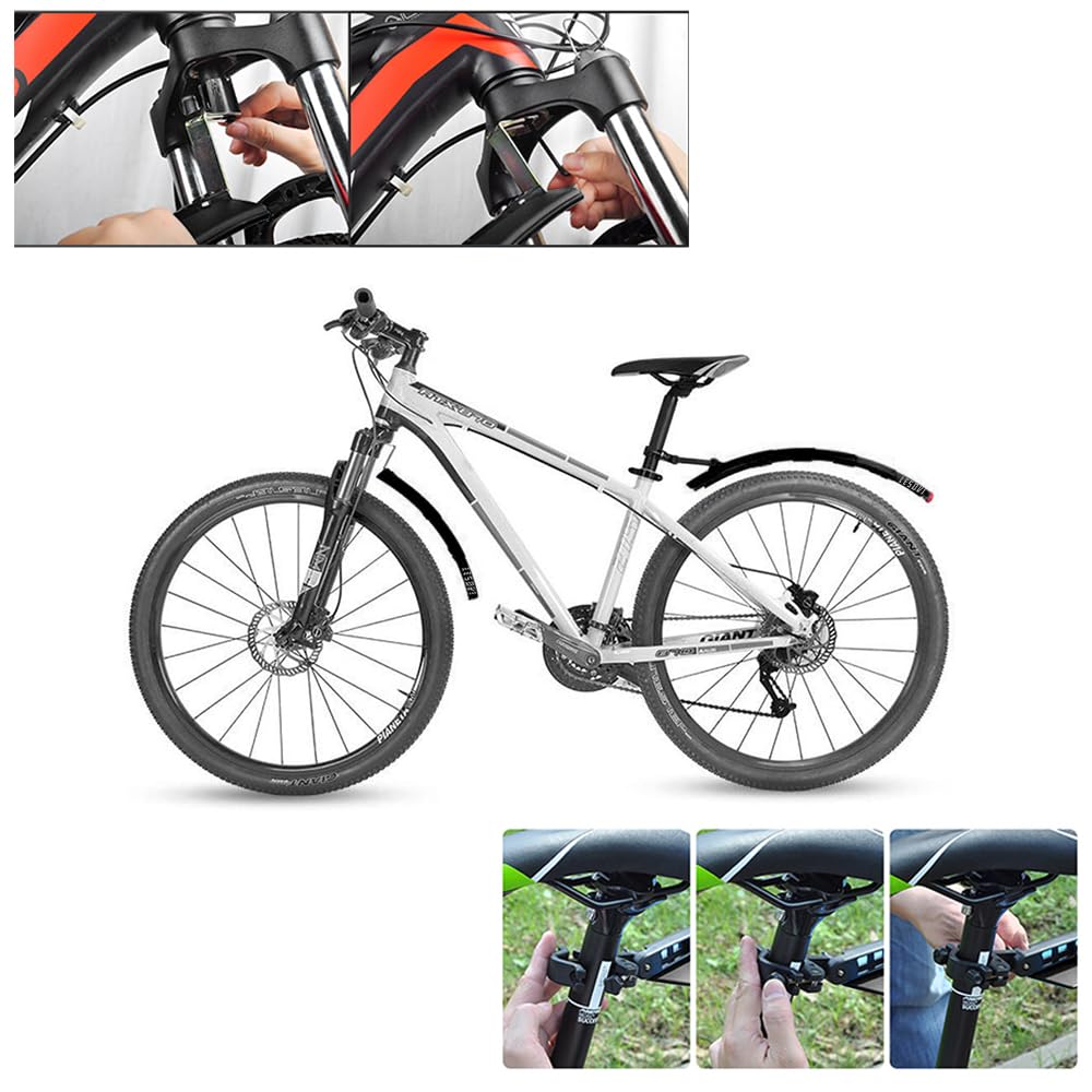 LESOVI Retractable Bike Fenders Set Fender Front & Rear Mountain Road Bike Mudguard Tyre Mud Guard with LED Light (Black)