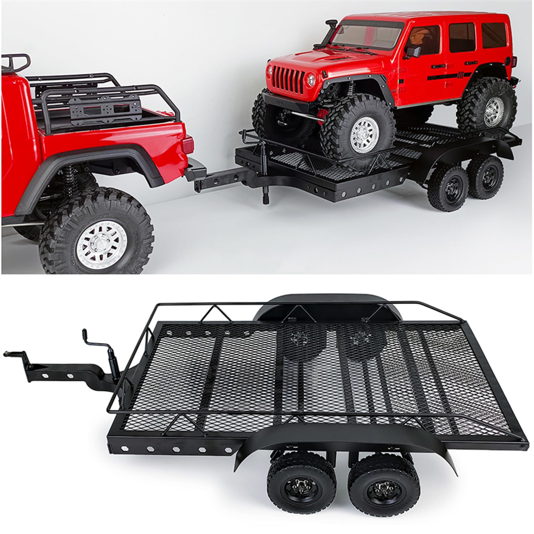 AMK RC Trailer, 1/10 Scale Trailer, Metal 1/10 RC Trailer with RC Trailer Hook Coupler and 1/10 RC Kinetic Winch Strap for 1/10 RC Crawler SCX10 TRX6 Redcat GEN8 TRX4 Upgrades