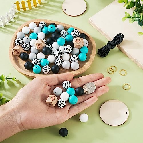 Boutigem 76pcs Cow Printed Round Silicone Beads Soft Rubber Beads for Keychain Making Wood European Beads & Big Pendants for Wristlet Phone Lanyard Pen Jewelry Making DIY Craft