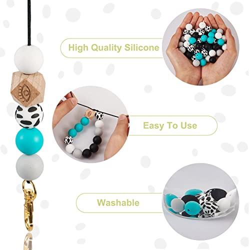 Boutigem 76pcs Cow Printed Round Silicone Beads Soft Rubber Beads for Keychain Making Wood European Beads & Big Pendants for Wristlet Phone Lanyard Pen Jewelry Making DIY Craft