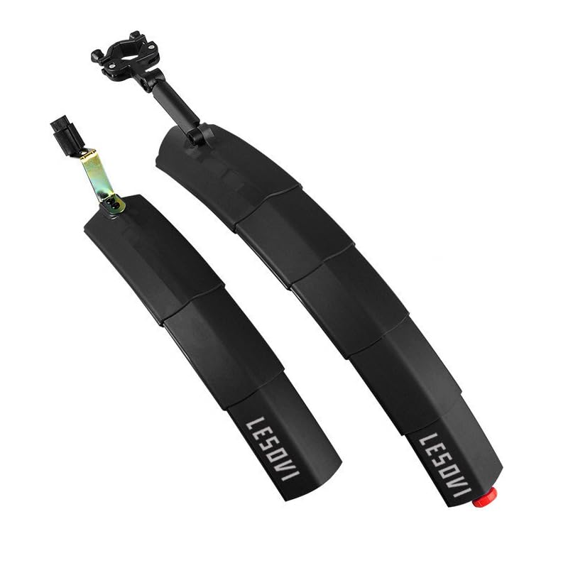 LESOVI Retractable Bike Fenders Set Fender Front & Rear Mountain Road Bike Mudguard Tyre Mud Guard with LED Light (Black)