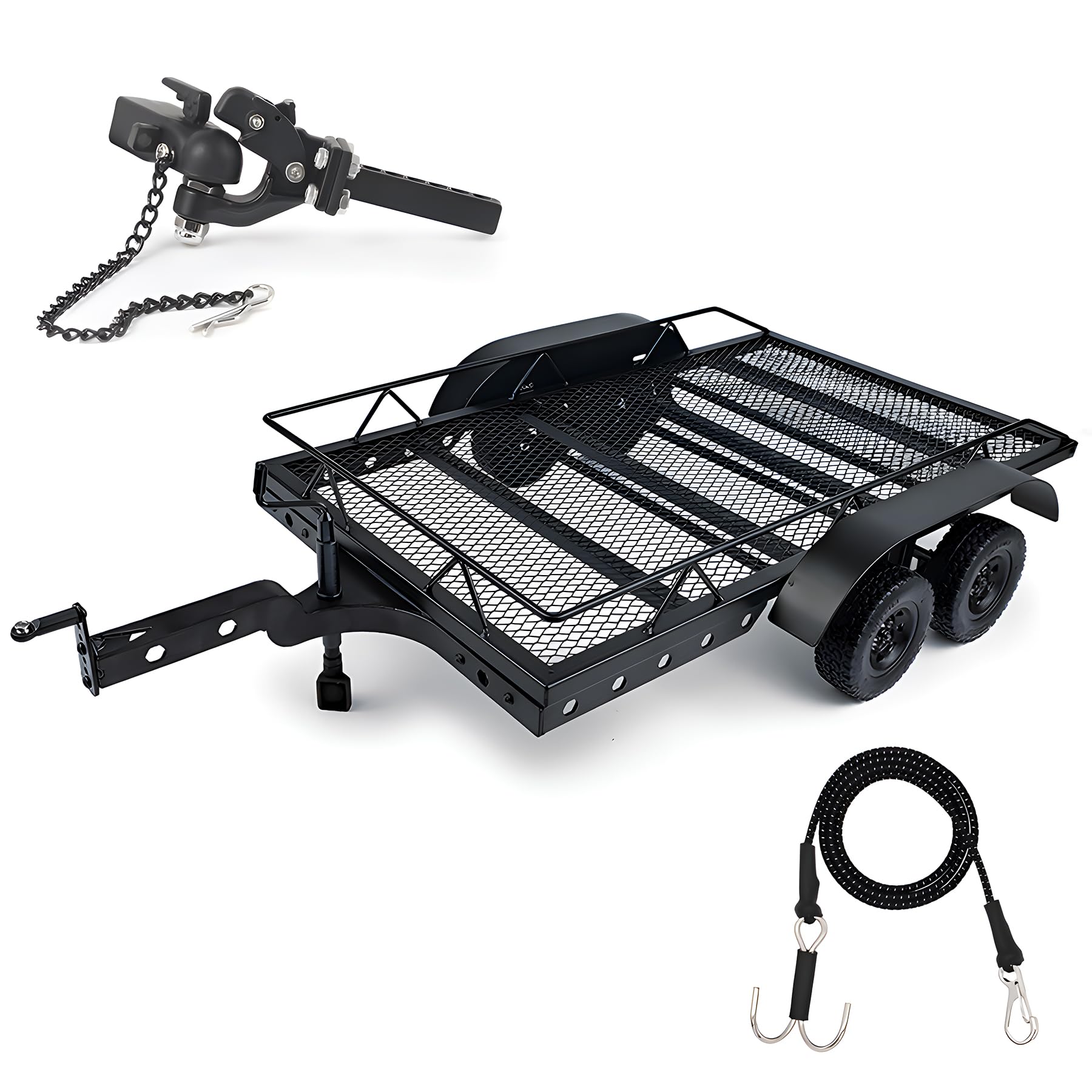 AMK RC Trailer, 1/10 Scale Trailer, Metal 1/10 RC Trailer with RC Trailer Hook Coupler and 1/10 RC Kinetic Winch Strap for 1/10 RC Crawler SCX10 TRX6 Redcat GEN8 TRX4 Upgrades