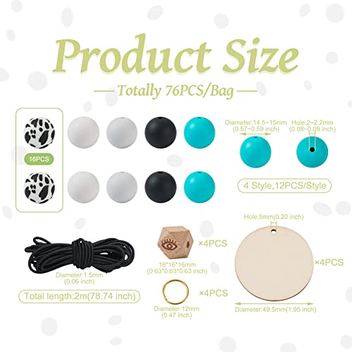 Boutigem 76pcs Cow Printed Round Silicone Beads Soft Rubber Beads for Keychain Making Wood European Beads & Big Pendants for Wristlet Phone Lanyard Pen Jewelry Making DIY Craft