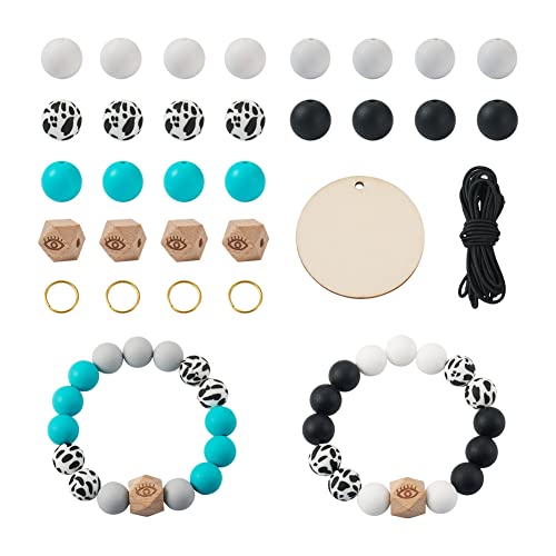 Boutigem 76pcs Cow Printed Round Silicone Beads Soft Rubber Beads for Keychain Making Wood European Beads & Big Pendants for Wristlet Phone Lanyard Pen Jewelry Making DIY Craft