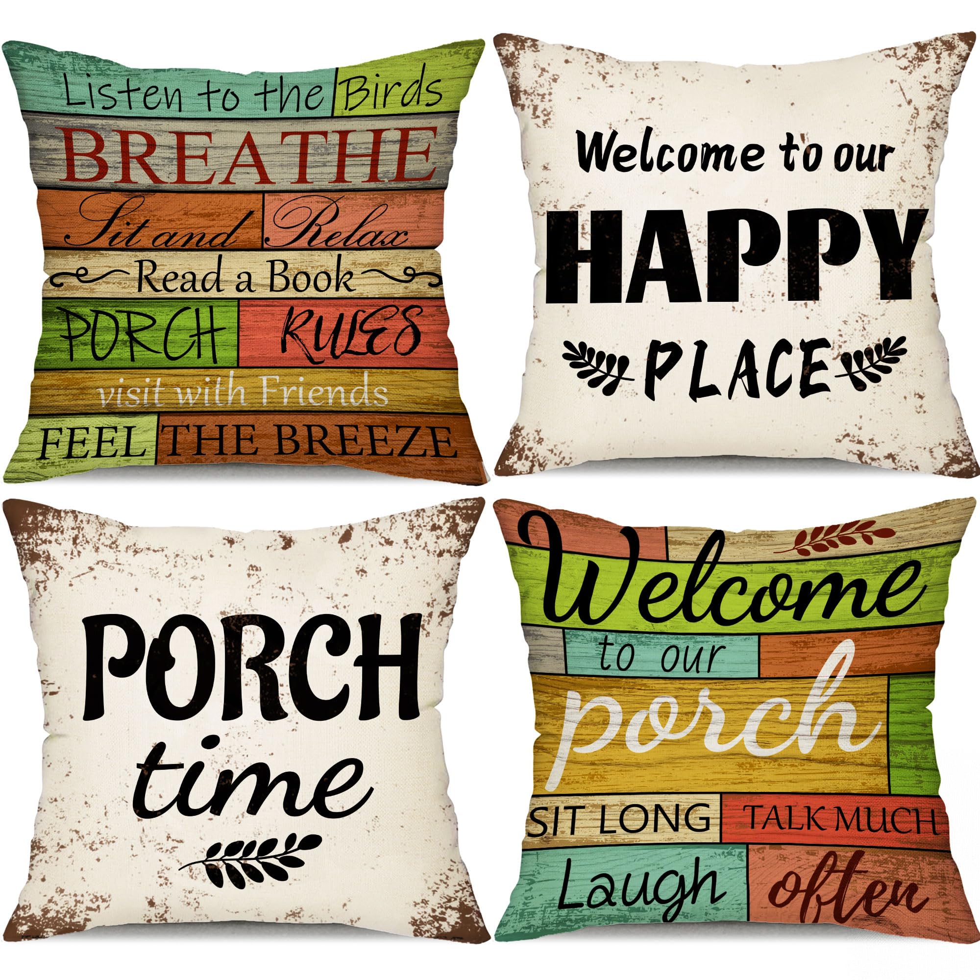 DFXSZ Summer Retro Outdoor Throw Pillow Covers 18x18 Inch Set of 4 Welcome to Our Porch Sign and Breathe Letter Decor Pillow Covers for Swing Garden Hammock Chair Sofa