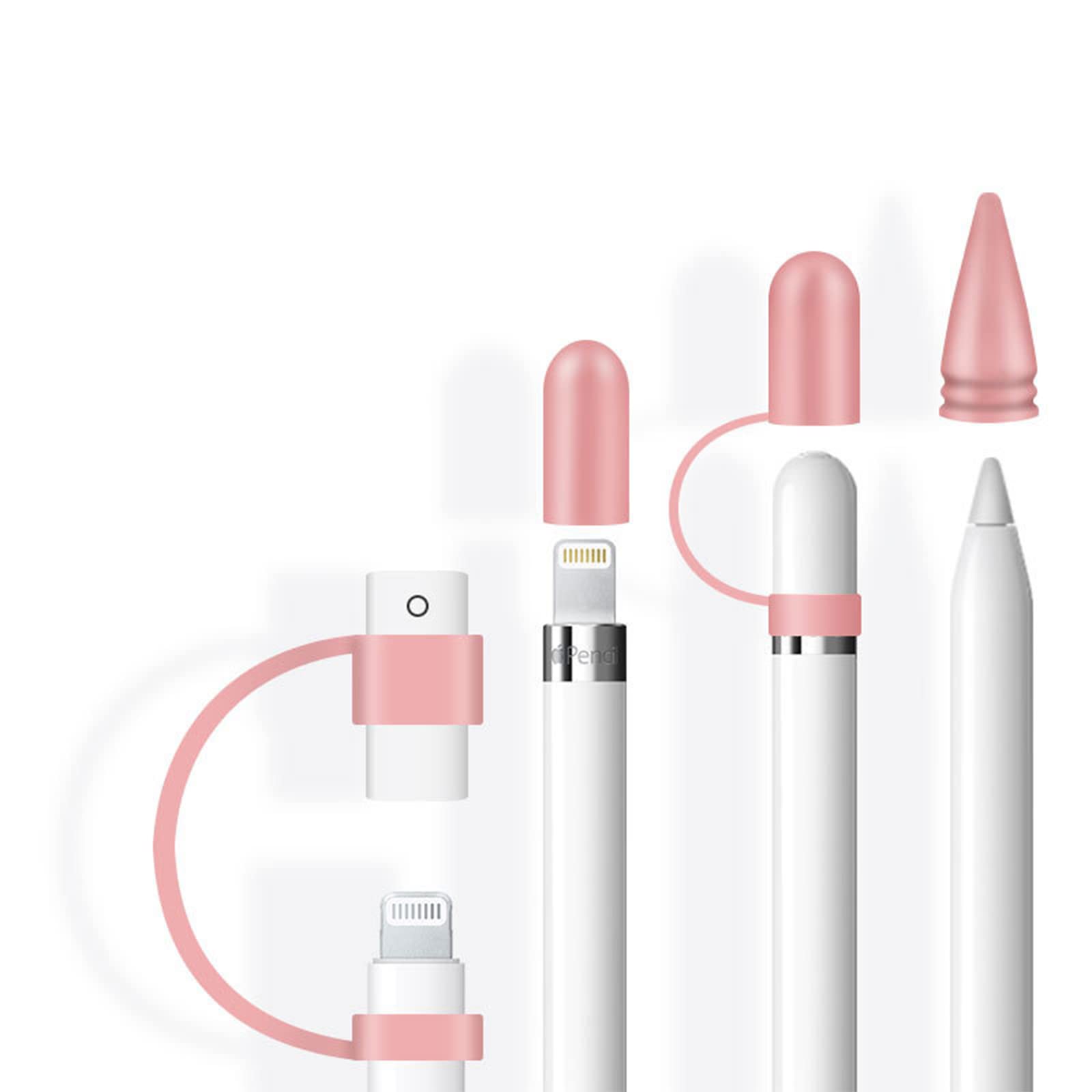 siduater [4-Pack] Silicone Protective Accessories for Apple Pencil 1st Generation, Includes 1 Apple Pencil Cap Replacements, Apple Pencil Cap Holder, Apple Pencil Tip Cover, Adapter Tether, Pink