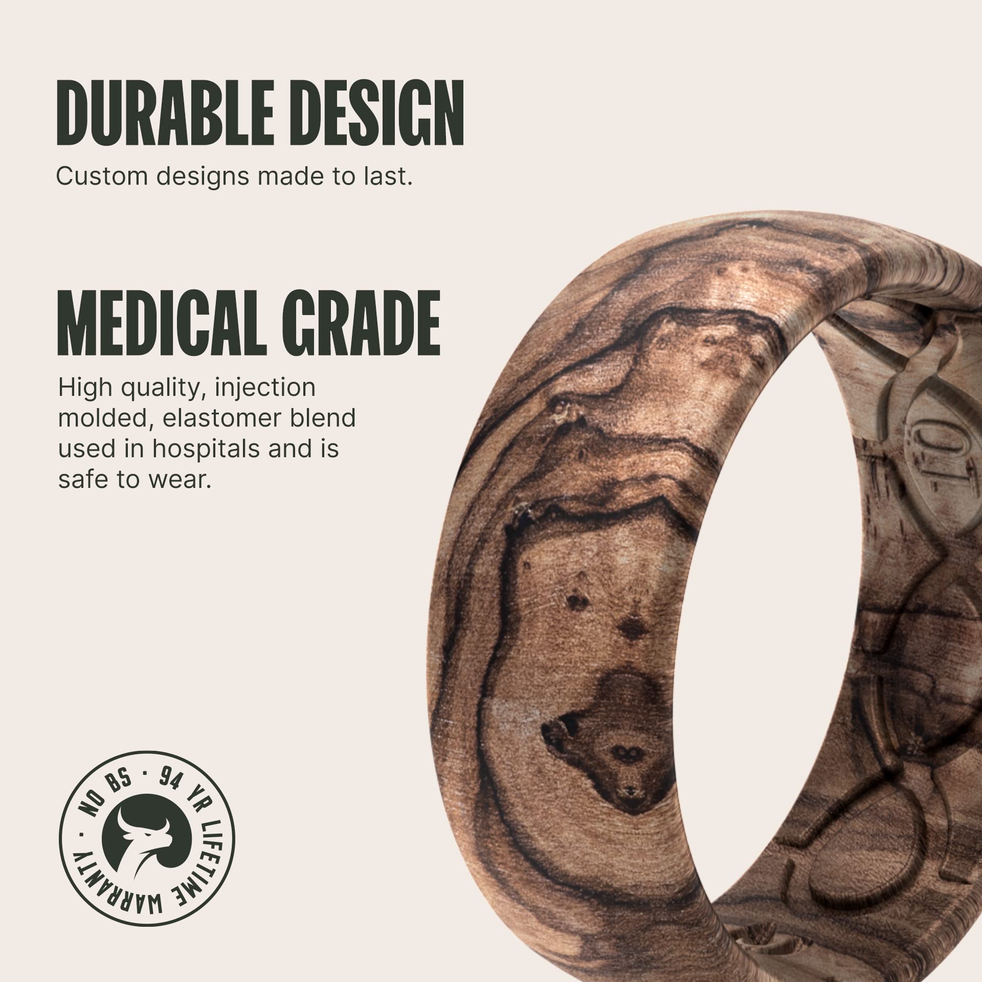 Groove Life Nomad Burled Walnut Silicone Ring Breathable Rubber Wedding Rings for Men, Lifetime Coverage, Unique Design, Comfort Fit Ring - Size 11