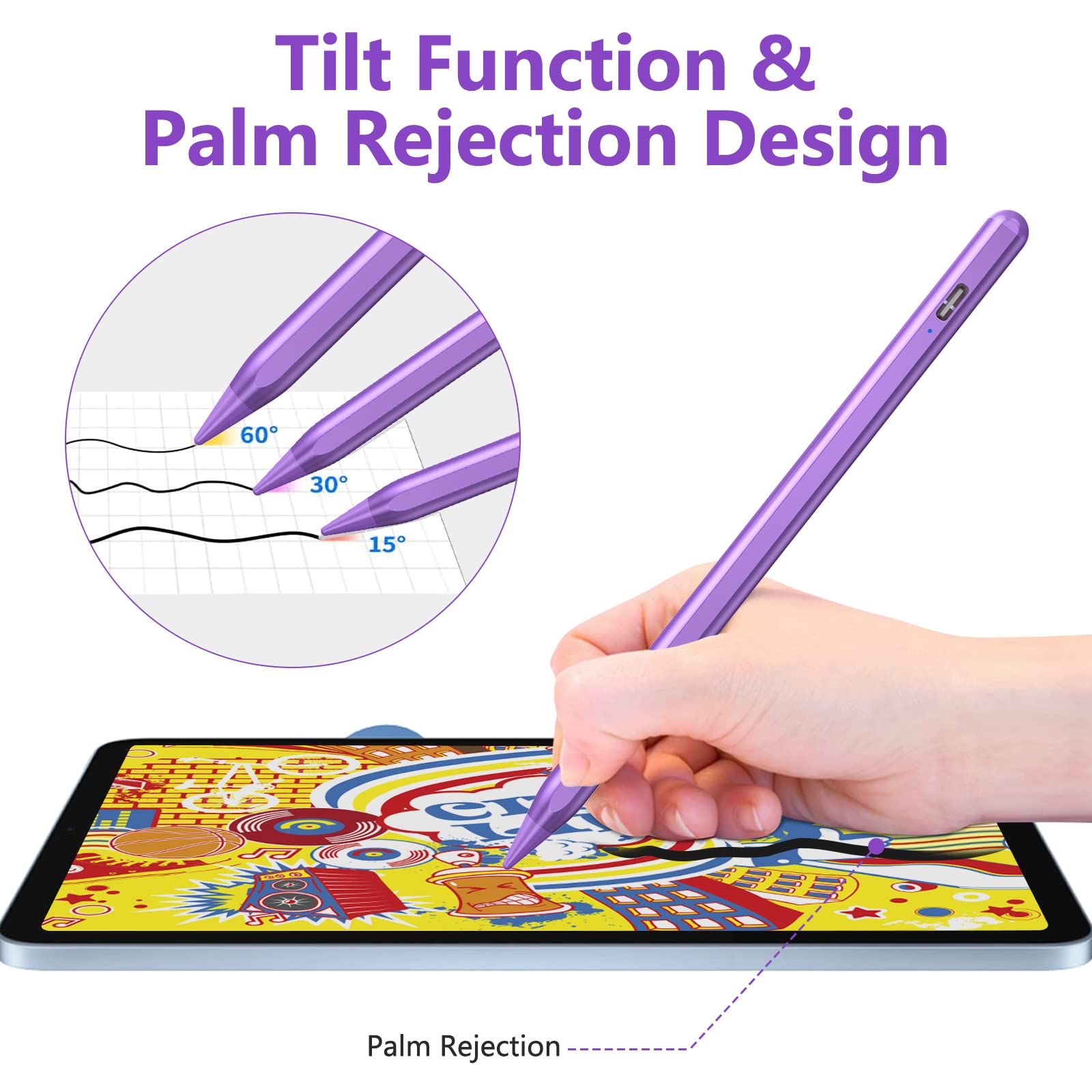 Stylus Pen for iPad, Apple Pencil for 10th/9th Gen, Pro 11" & 12.9", iPad Pencil Compatible with (2018-2022) Apple Air 5th/4th/3rd, Mini 6th/5th, iPad 8th/7th/6th (Purple)