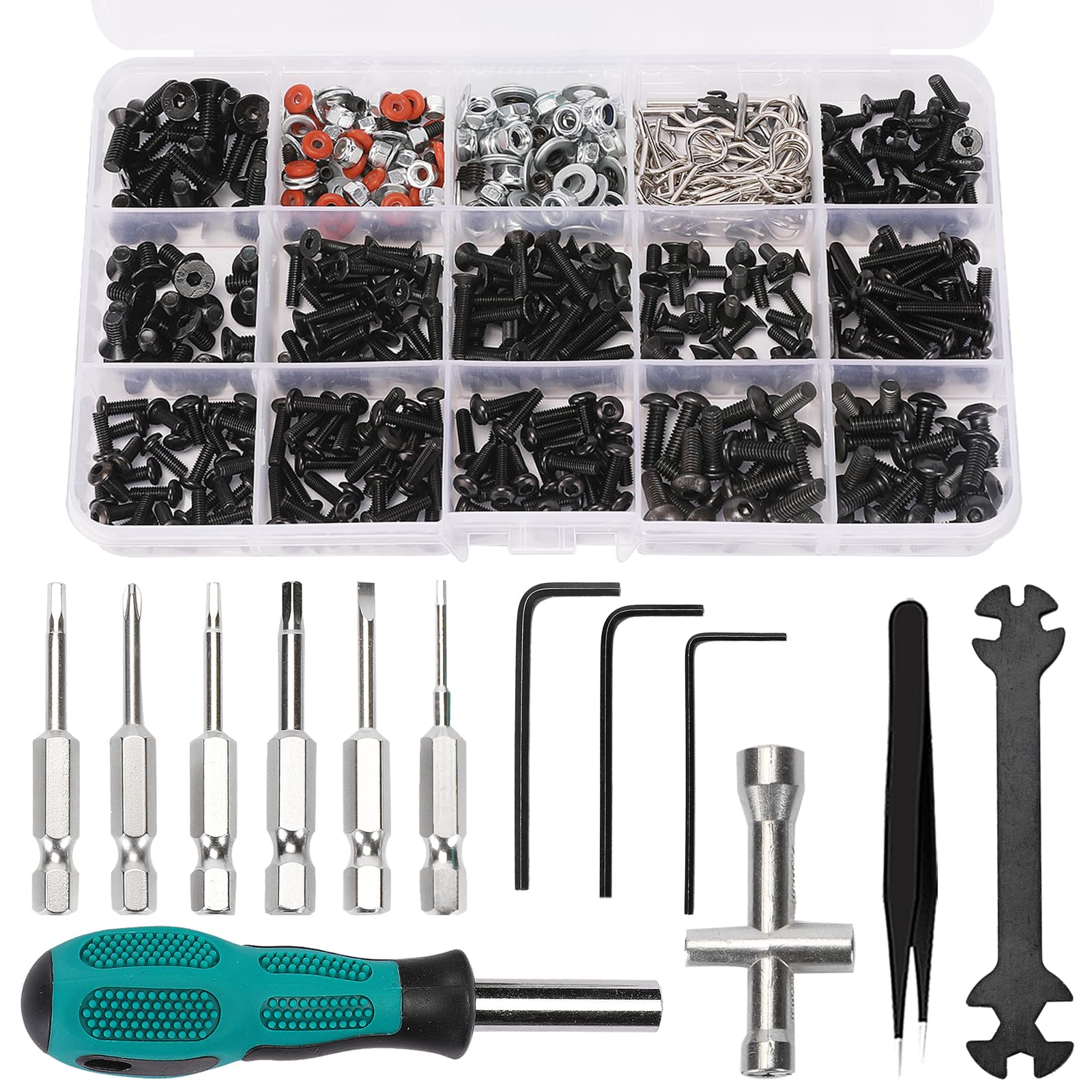 532 PCS RC Screw Kit RC Repair Tool Kit Universal RC Hardware Kit for Arrma Redcat Traxxas Axial HPI Losi 1/8 1/10 1/12 1/16 Scale RC Cars Trucks Crawler