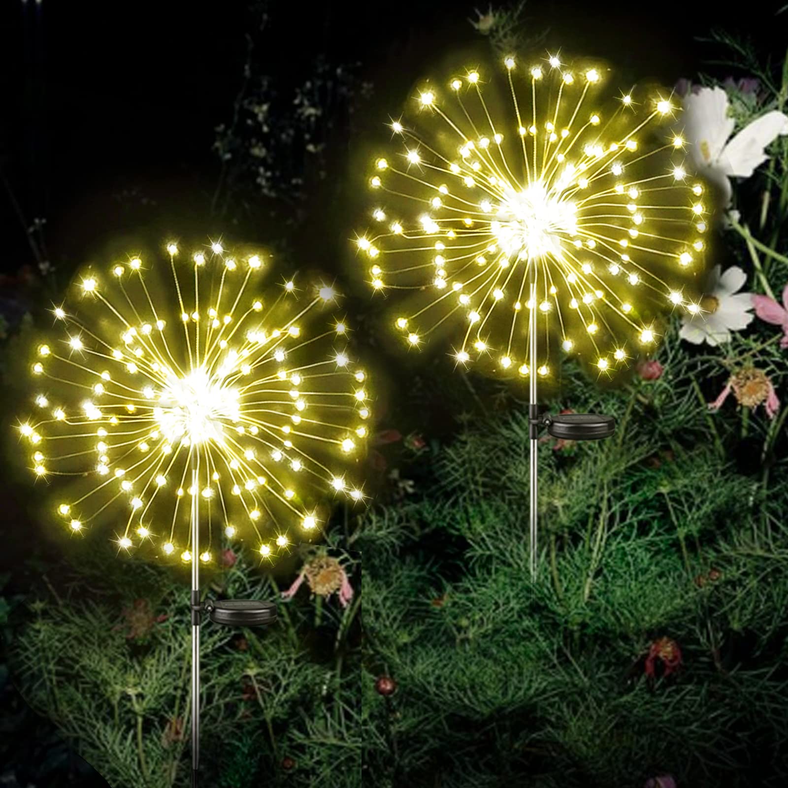 2-Pack Solar Garden Lights Outdoor Decorations, 180 LED Solar Firework Lights Waterproof with 2 Modes, String Solar Powered Lights Outdoor for Pathway Yard Party Wedding Patio Walkway(Warm White)