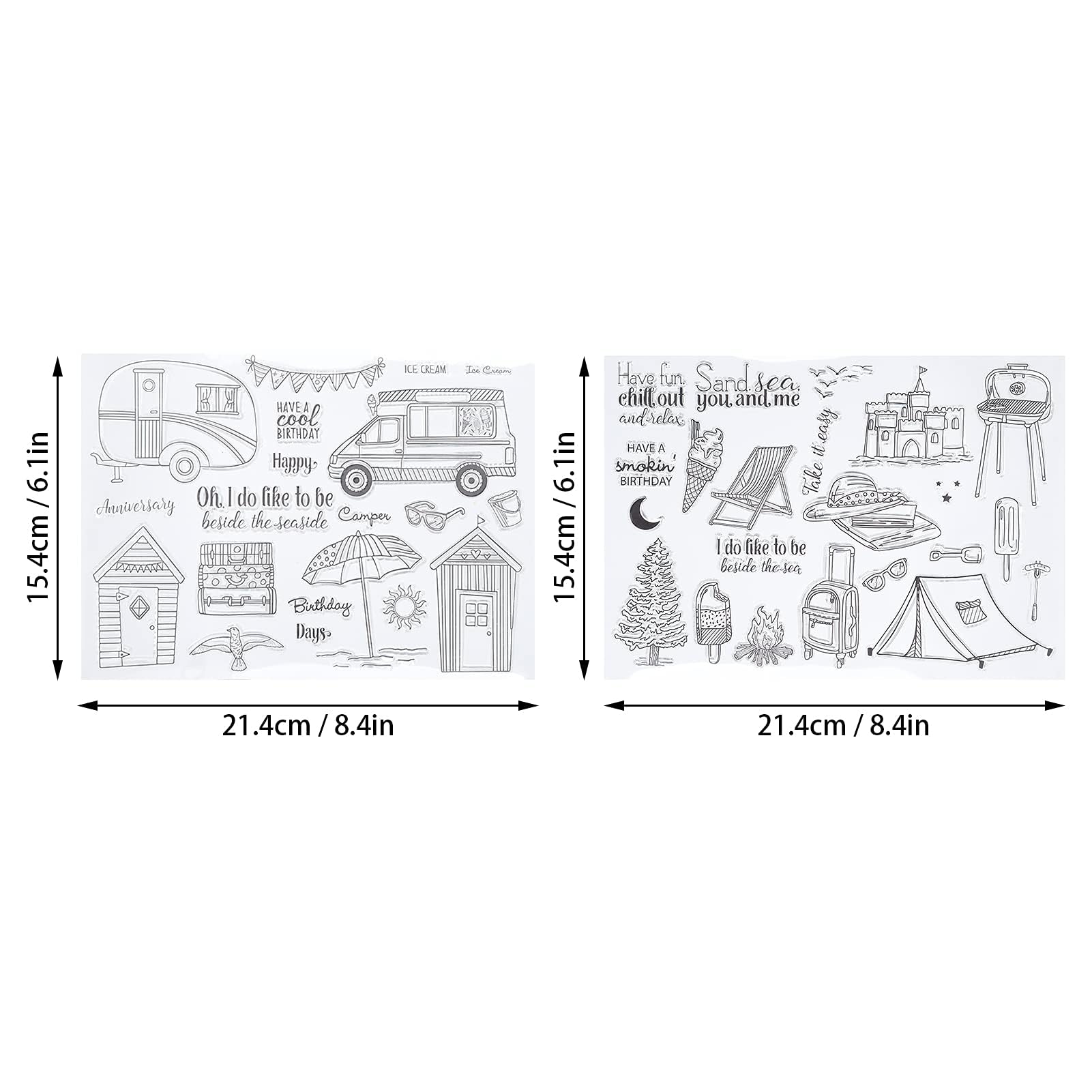 Silicone Stamp Cards, 2Pcs Camping Style Clear Stamps Cute Clear Rubber Stamps Cartoon Touring Car Seaside Spending Holiday Series Clear Stamps