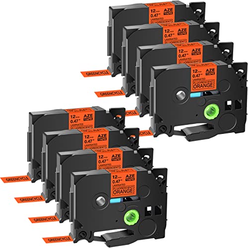 GREENCYCLE Compatible for Brother TZ TZE B31 TZe-B31 AZE B31 0.47 Inch 1/2" Black on Fluorescent Orange Laminated Label Tape 12mm x 5m for PTD210 D400AD D600 PTH100 PTH110 PT1290 PT-1230PC, 8 Pack