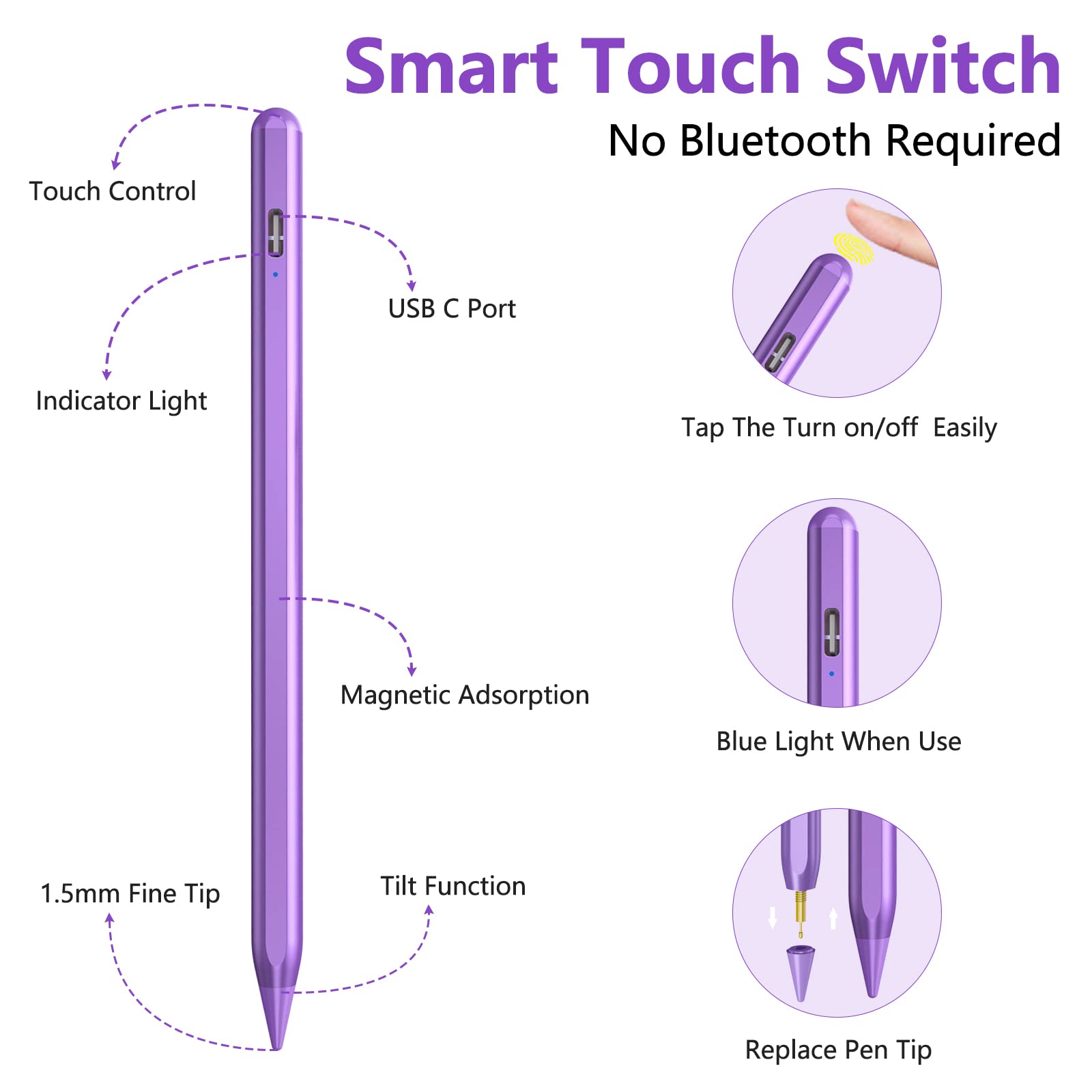 Stylus Pen for iPad, Apple Pencil for 10th/9th Gen, Pro 11" & 12.9", iPad Pencil Compatible with (2018-2022) Apple Air 5th/4th/3rd, Mini 6th/5th, iPad 8th/7th/6th (Purple)