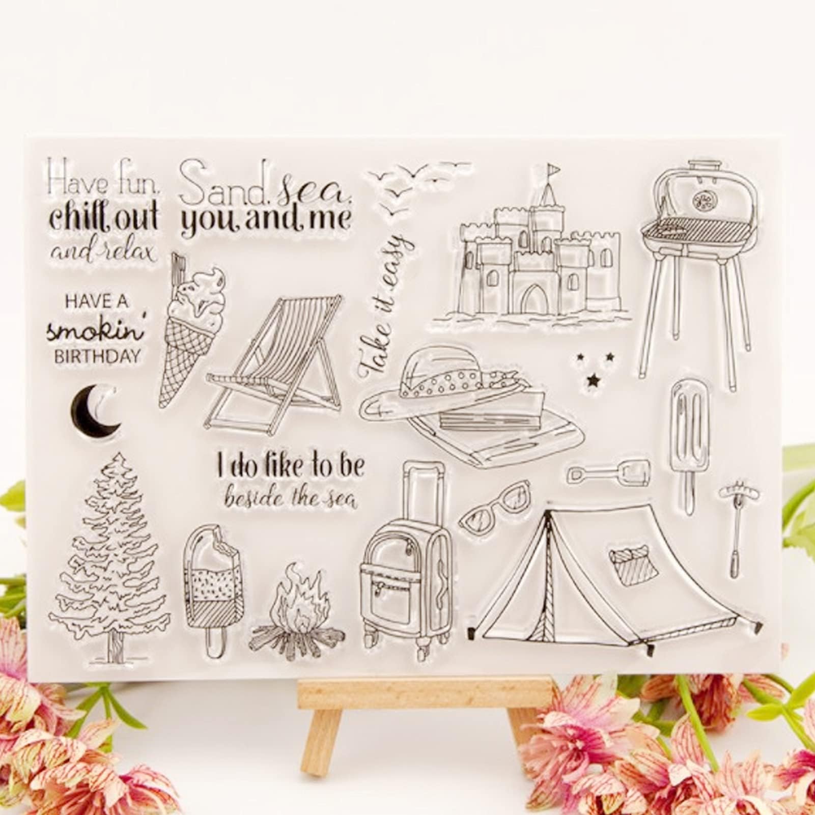 Silicone Stamp Cards, 2Pcs Camping Style Clear Stamps Cute Clear Rubber Stamps Cartoon Touring Car Seaside Spending Holiday Series Clear Stamps
