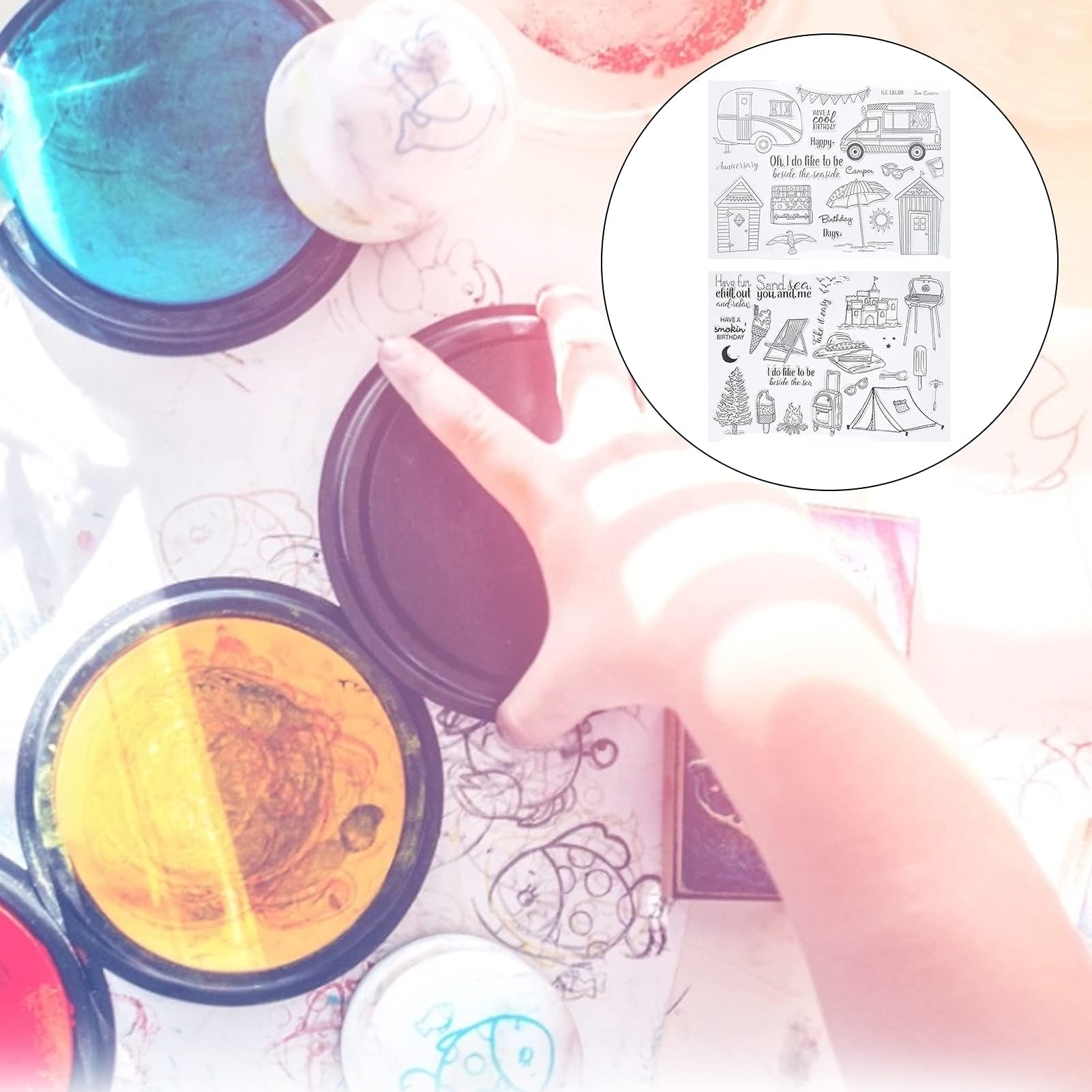 Silicone Stamp Cards, 2Pcs Camping Style Clear Stamps Cute Clear Rubber Stamps Cartoon Touring Car Seaside Spending Holiday Series Clear Stamps