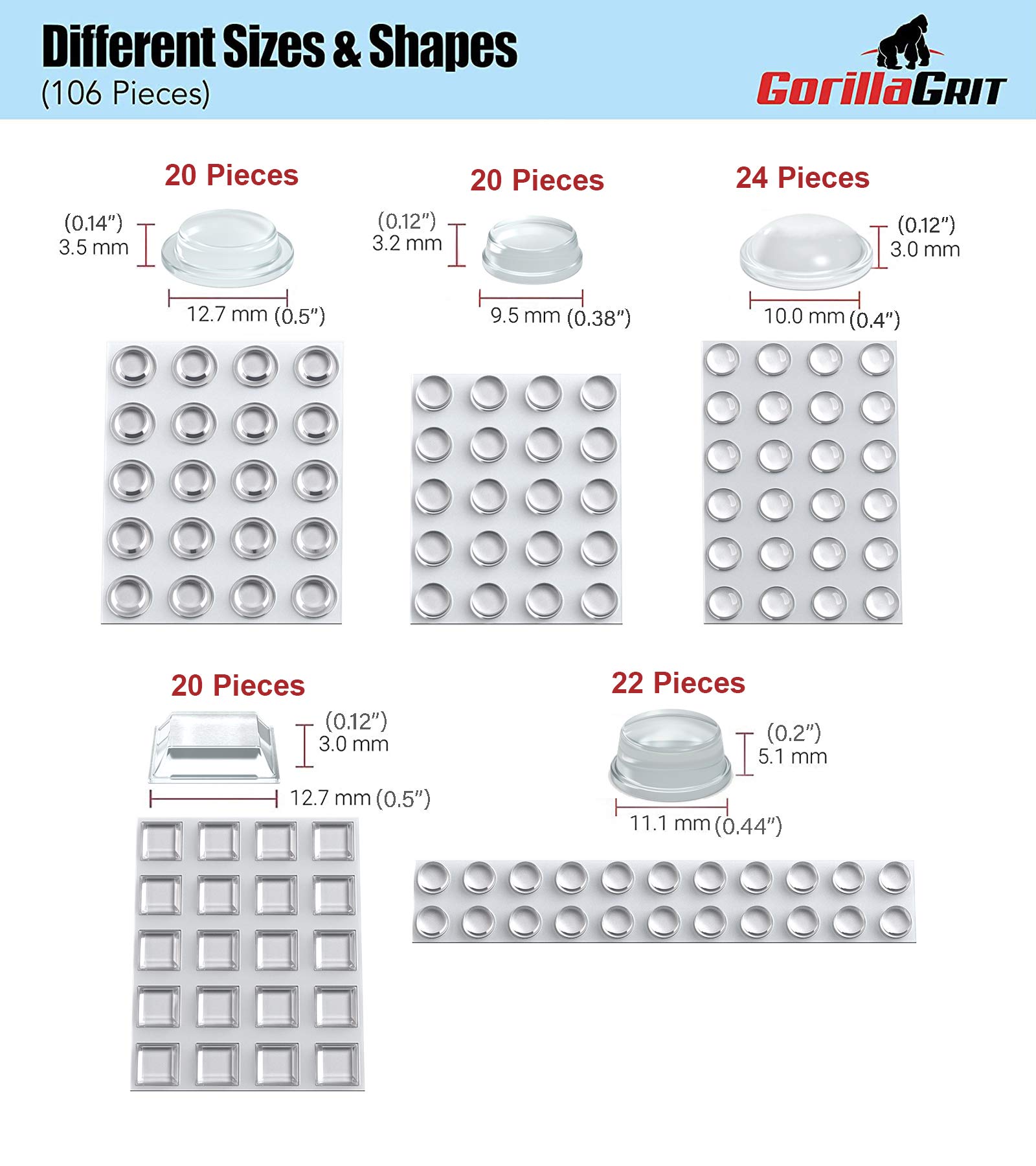 Clear Adhesive Bumper Pads 106-PC Combo Pack (Round, Spherical, Square) - Sound Dampening Transparent Rubber Feet for Cabinet Doors, Drawers, Glass Tops, Picture Frames, Cutting Boards