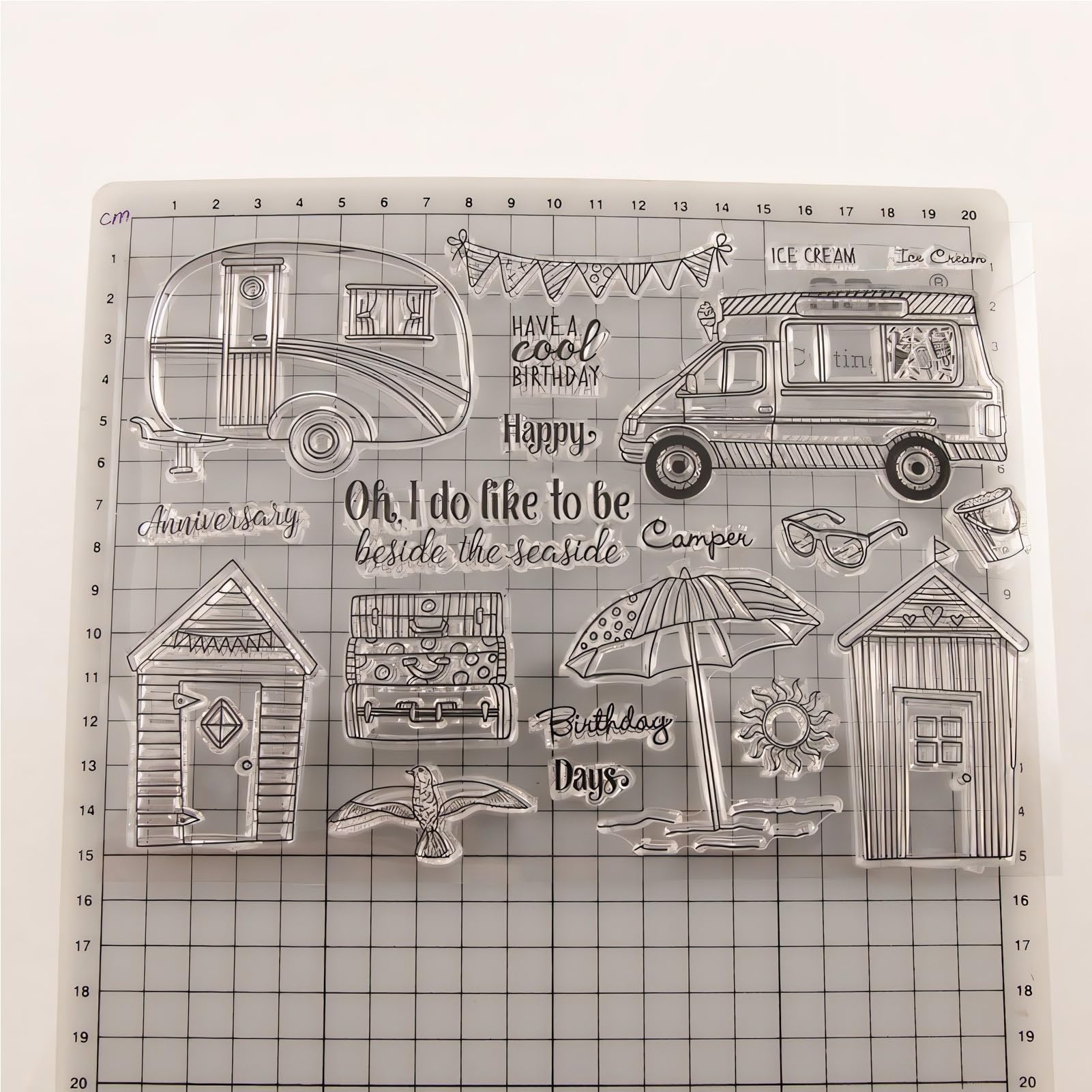 Silicone Stamp Cards, 2Pcs Camping Style Clear Stamps Cute Clear Rubber Stamps Cartoon Touring Car Seaside Spending Holiday Series Clear Stamps