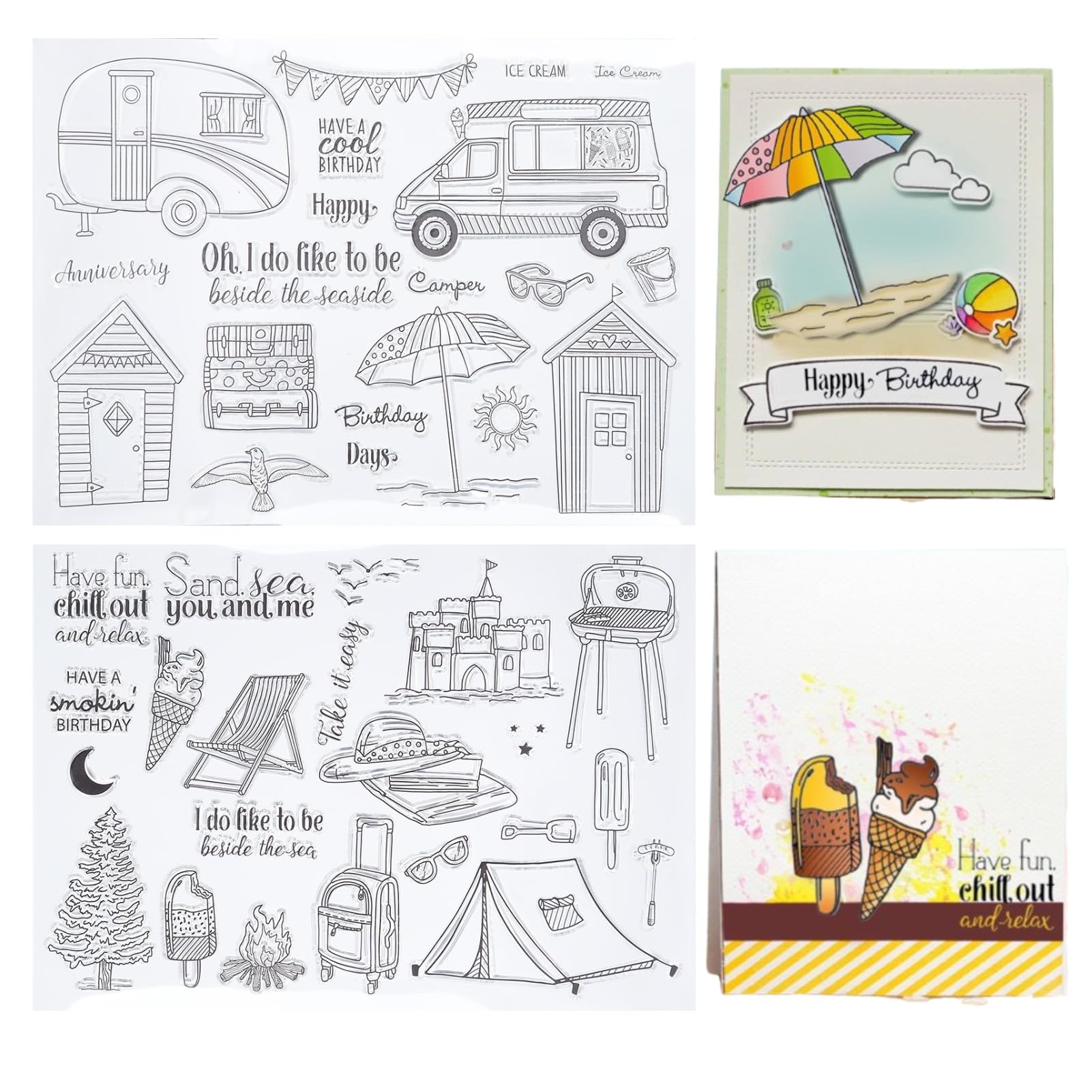 Silicone Stamp Cards, 2Pcs Camping Style Clear Stamps Cute Clear Rubber Stamps Cartoon Touring Car Seaside Spending Holiday Series Clear Stamps