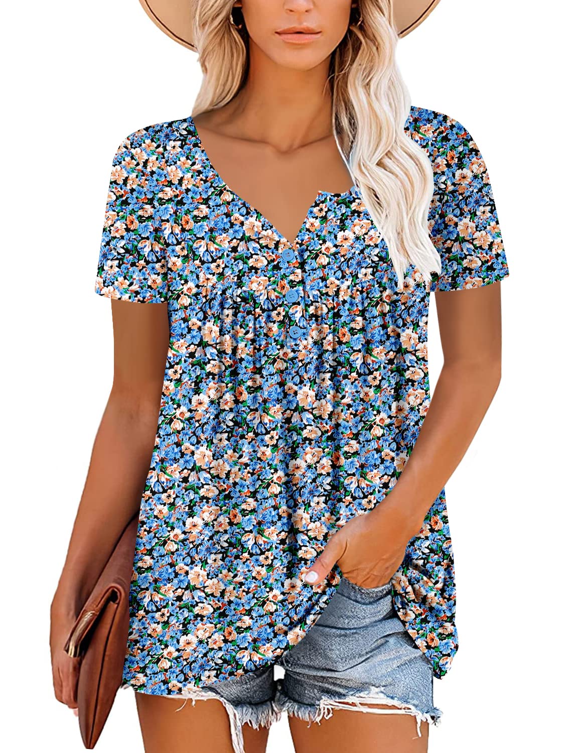 ROSELINLIN Womens Tops Blue Short Sleeve Summer Shirts V Neck Floral Pull Over Ladies Tops XL