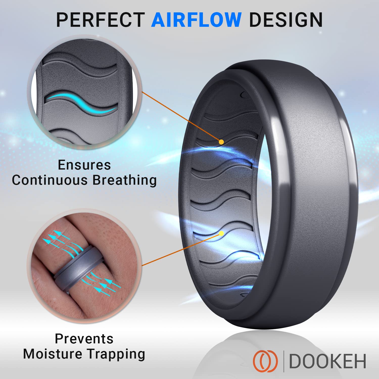 Dookeh Breathable Mens Silicone Wedding Rings, Rubber Ring Bands For Men, Black Blue Camo Engagement Band, Best for Workout, 1-4-7 Pack (W3-Titanium,Dark Gray,Cast Iron,Black, 10)