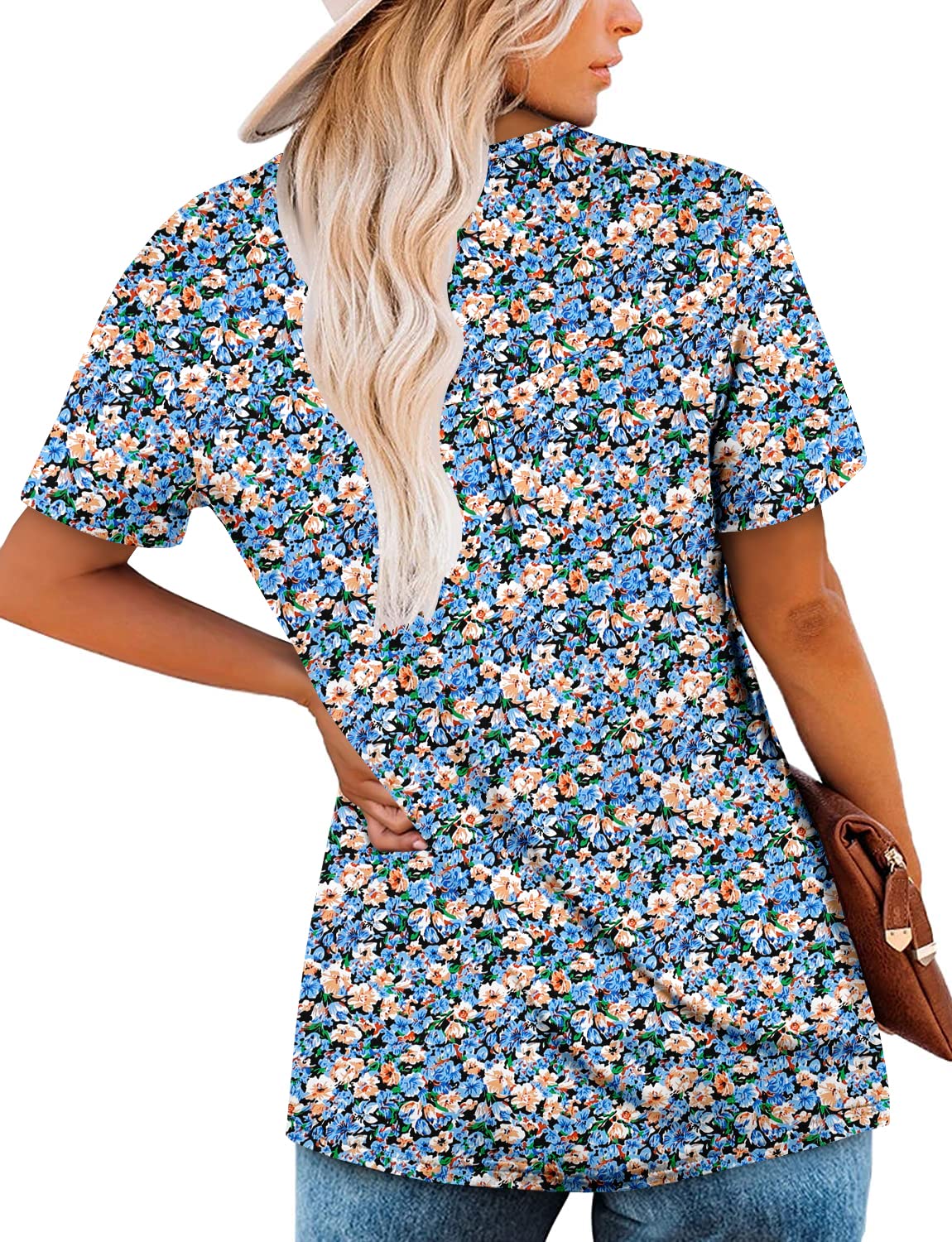 ROSELINLIN Womens Tops Blue Short Sleeve Summer Shirts V Neck Floral Pull Over Ladies Tops XL