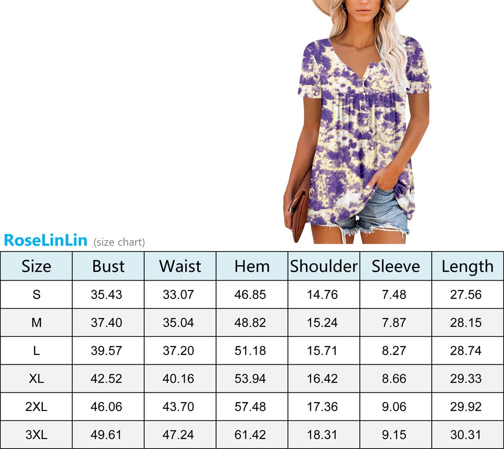 ROSELINLIN Womens Tops Blue Short Sleeve Summer Shirts V Neck Floral Pull Over Ladies Tops XL