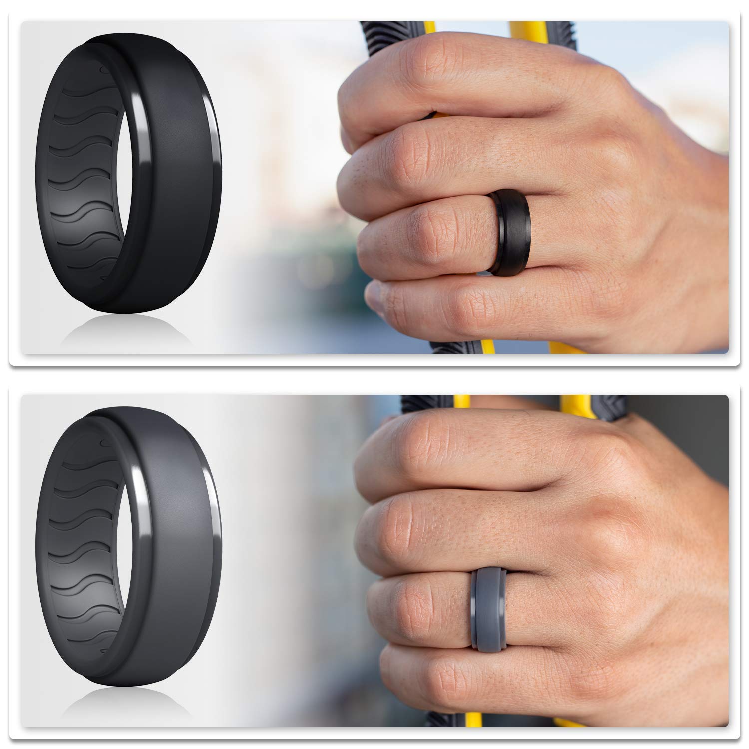 Dookeh Breathable Mens Silicone Wedding Rings, Rubber Ring Bands For Men, Black Blue Camo Engagement Band, Best for Workout, 1-4-7 Pack (W3-Titanium,Dark Gray,Cast Iron,Black, 10)
