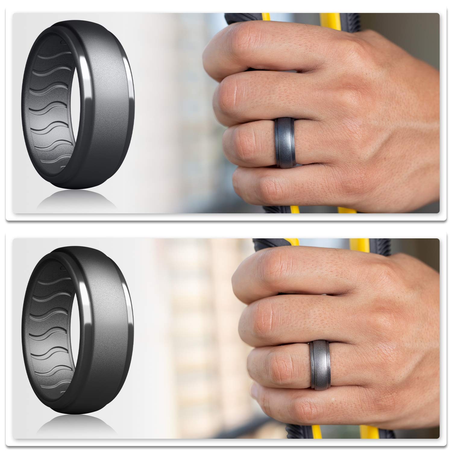 Dookeh Breathable Mens Silicone Wedding Rings, Rubber Ring Bands For Men, Black Blue Camo Engagement Band, Best for Workout, 1-4-7 Pack (W3-Titanium,Dark Gray,Cast Iron,Black, 10)