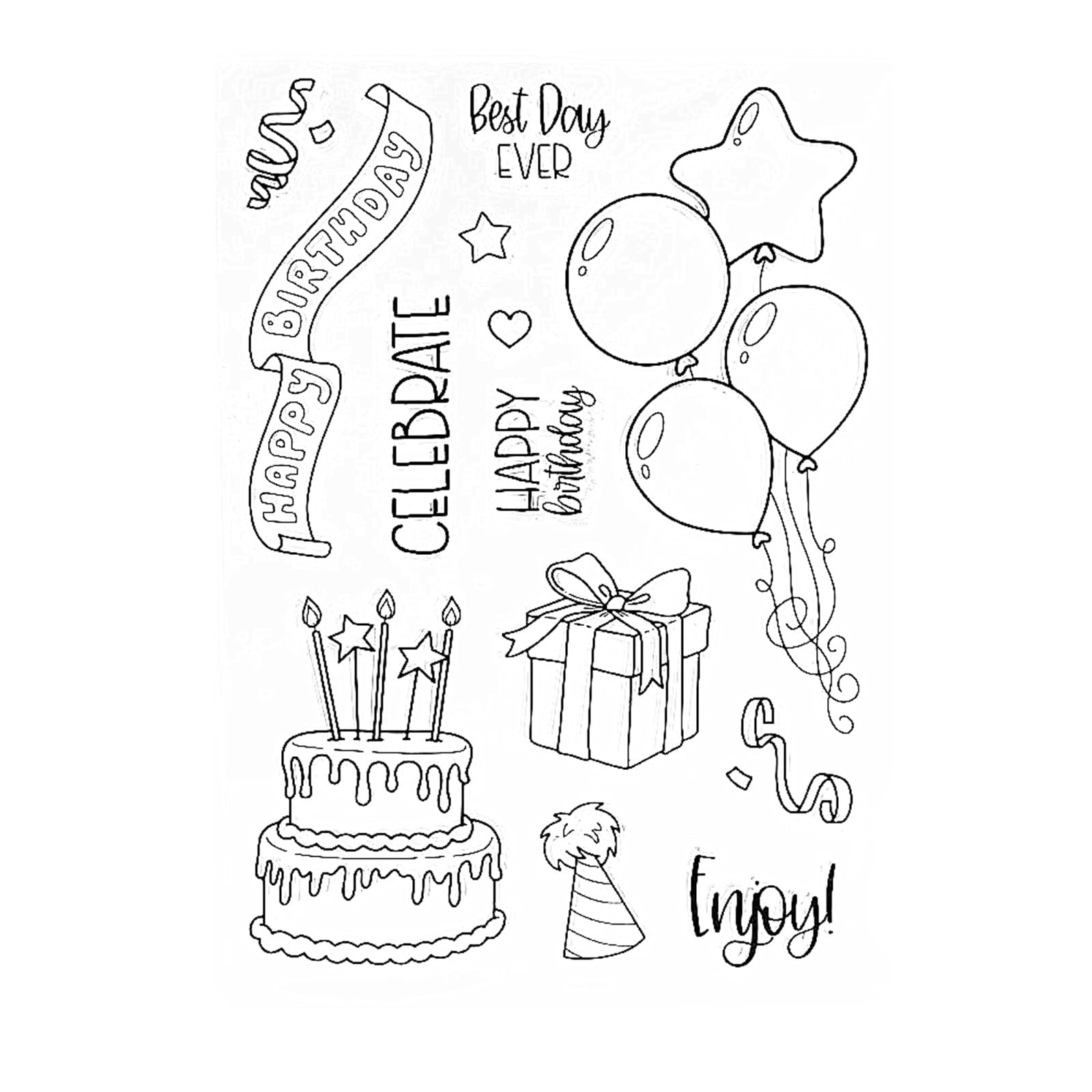 Arbuya Birthday Cake Clear Stamps for Birthday Card Making or Journaling Birthday Gift Box Balloon Banner Silicone Rubber Stamps for Scrapbooking Albums Journals Paper Crafts