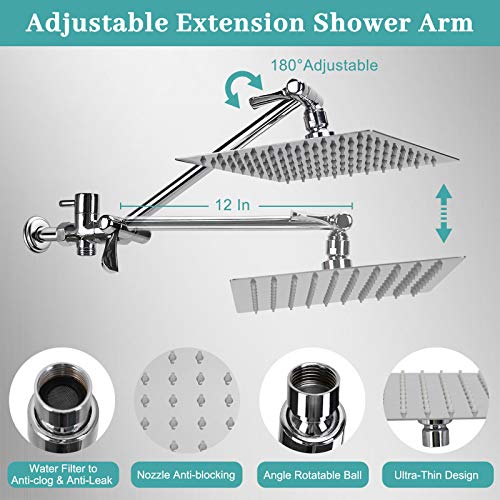 Rain Shower Head with Handheld, Lanhado 8'' High Pressure Rainfall Shower Head with 11'' Extension Arm, 9 Settings Handheld Shower Heads with Holder & Hose, Anti-leak Waterfall Showerhead, Chrome