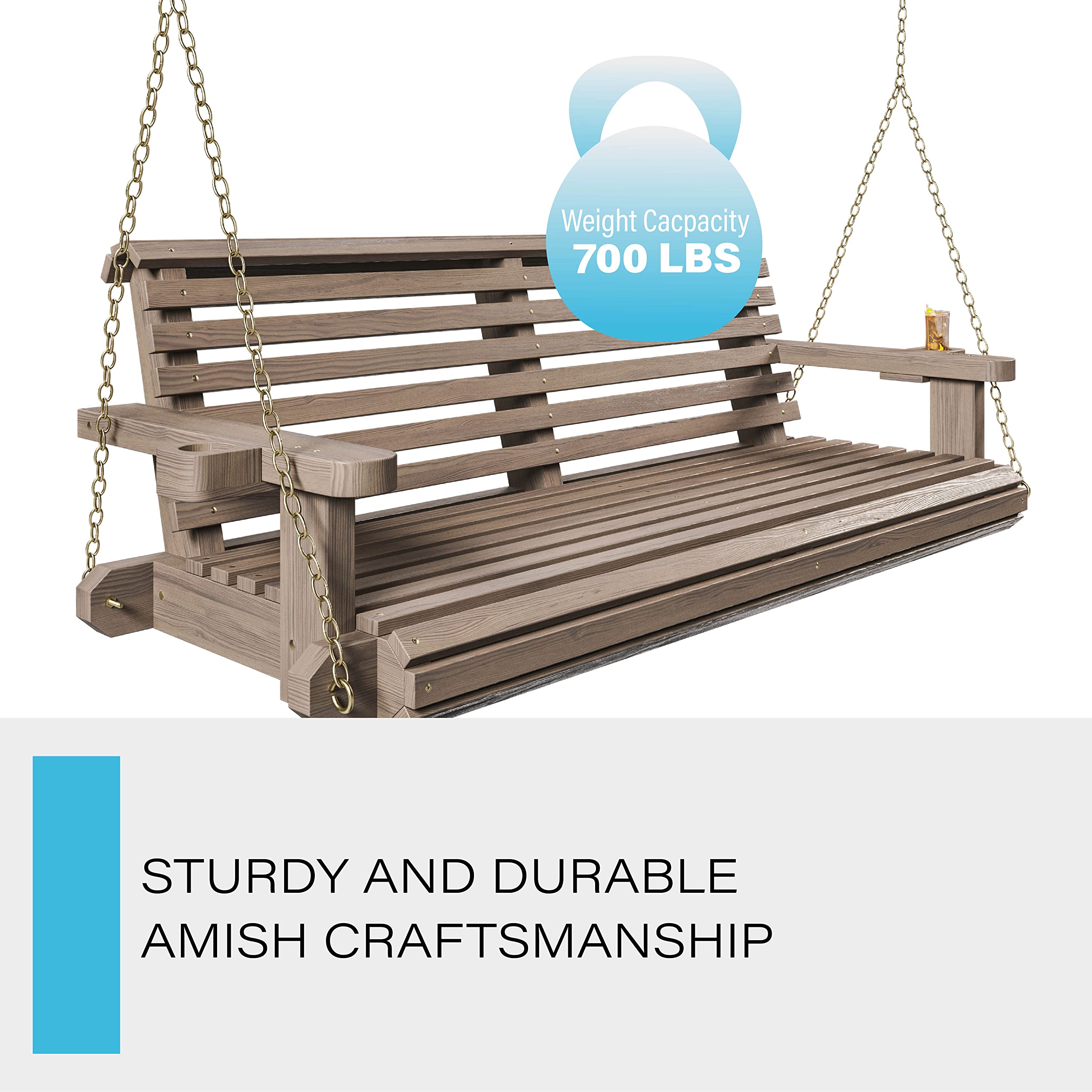 Porchgate Amish Heavy Duty 800 Lb Roll Comfort Treated Porch Swing W/Chains (5 Foot, Warm Walnut Stain)