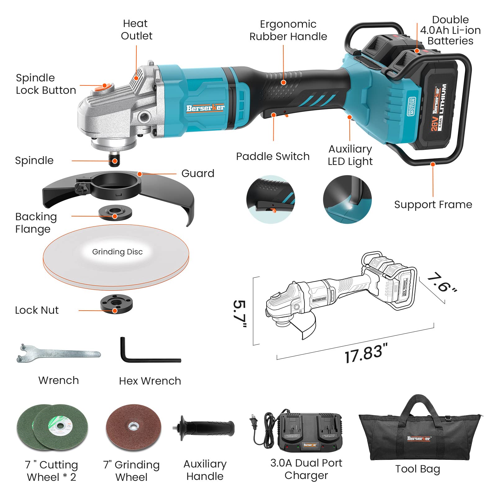 Berserker 36V Cordless 7" Brushless Power Angle Grinder Tool, 2 * 4.0Ah Li-Ion Battery Operated and Charger, Electric Paddle Switch Handheld Heavy Duty Cut-Off Grinder for Metal Wood Cutting/Grinding
