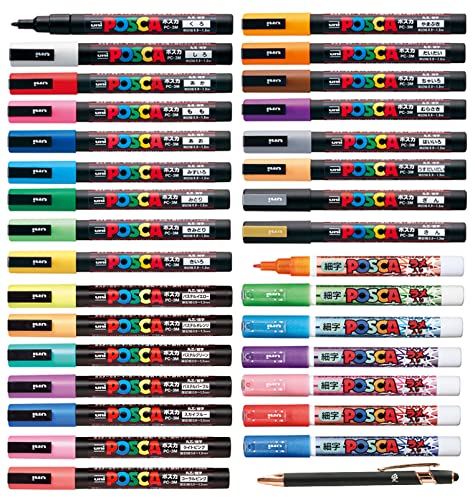 Uni Paint Marker Poster Color All Color Marking Pen Fine Point PC-3M 31 Color Set 17 Standard & 7 Natural & 7 Glitter With Original Stylus Ballpoint Touch Pen