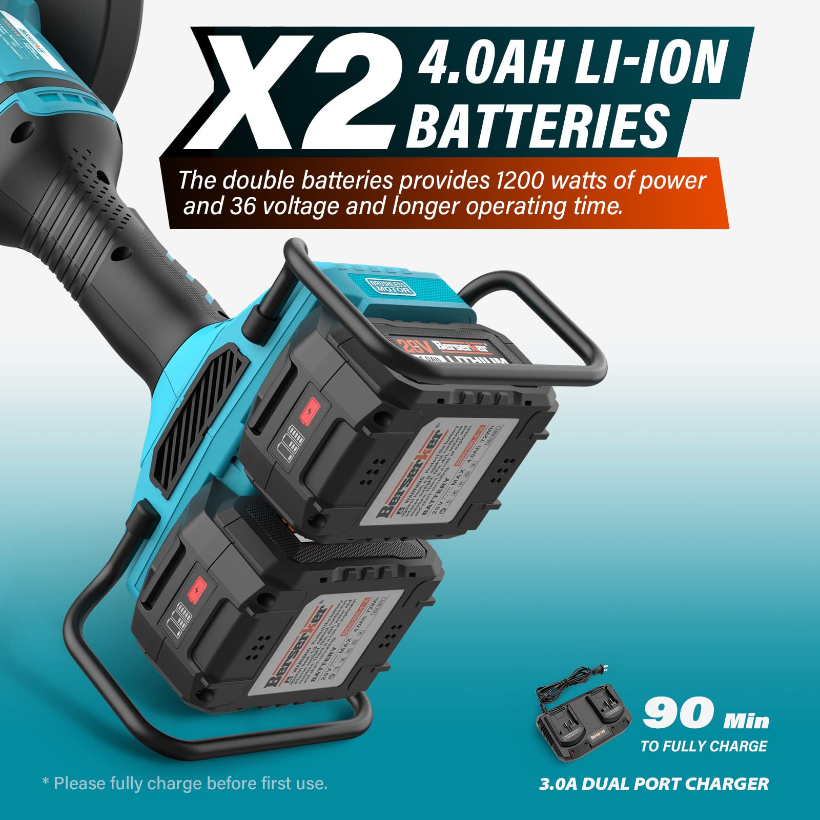 Berserker 36V Cordless 7" Brushless Power Angle Grinder Tool, 2 * 4.0Ah Li-Ion Battery Operated and Charger, Electric Paddle Switch Handheld Heavy Duty Cut-Off Grinder for Metal Wood Cutting/Grinding