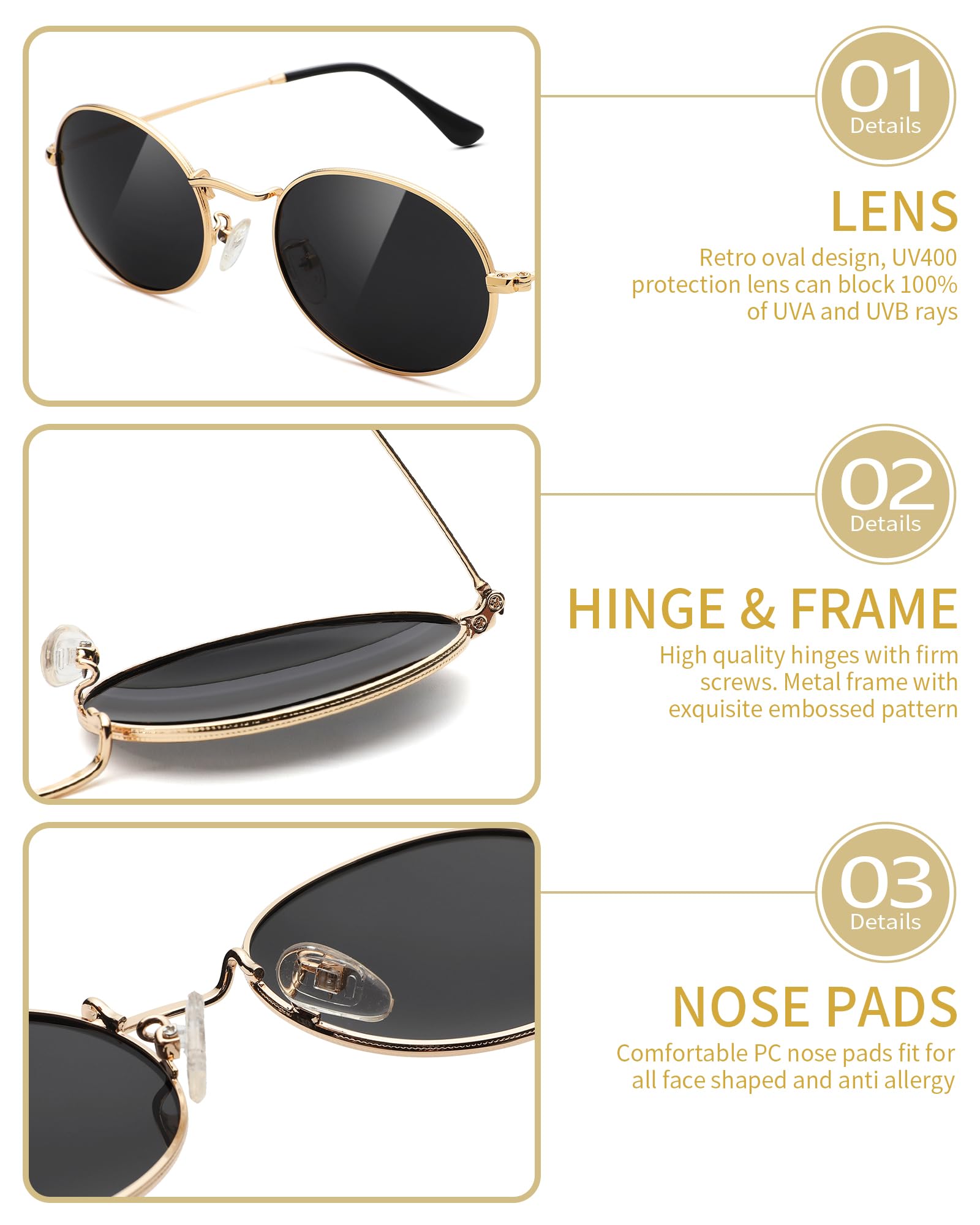 Pro Acme Retro Oval Metal Polarized Sunglasses for Women Men Small Trendy 90s Vintage (Gold/Grey)