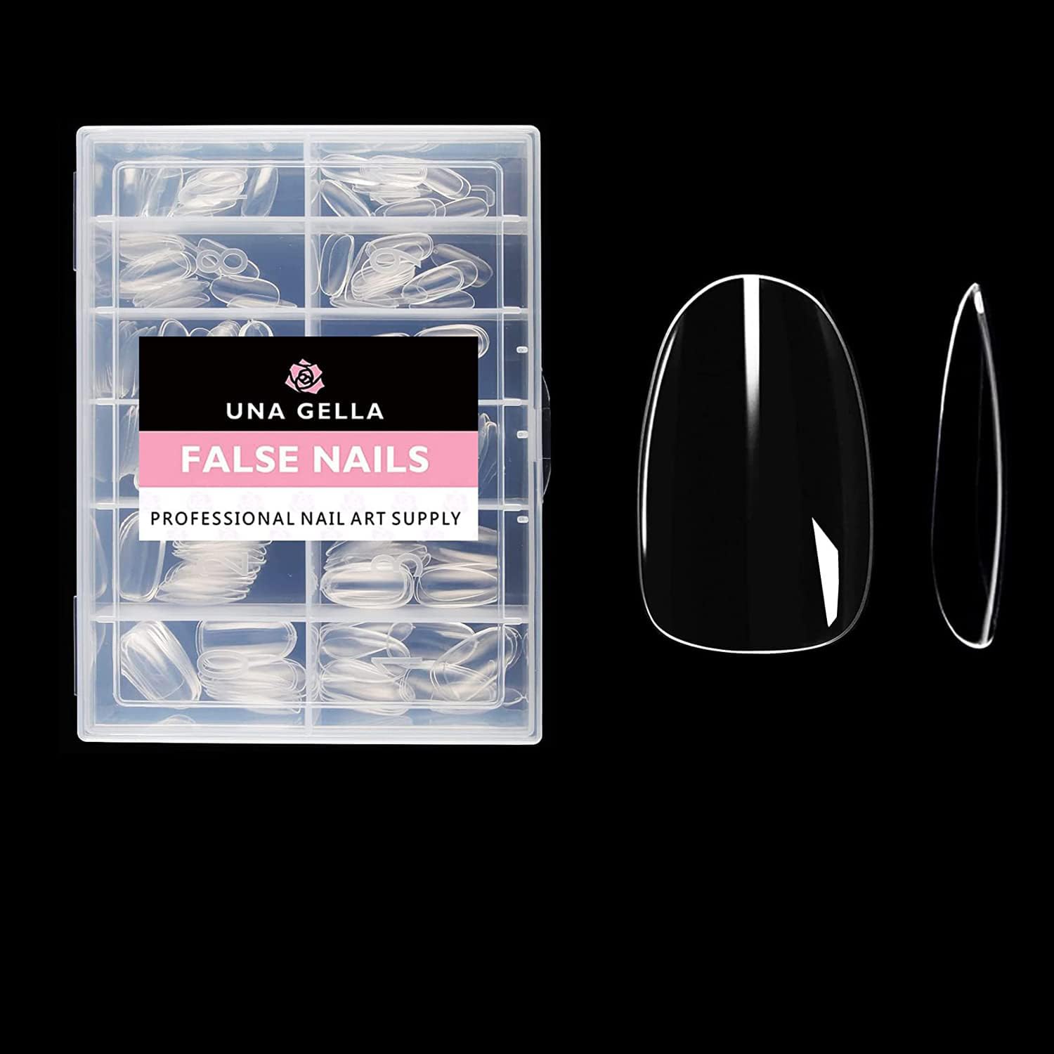 UNA GELLA Round Almond Fake Nails Clear Medium 216 pcs Oval Nail Tips Almond Oval Press on Nails for Full Cover Acrylic Almond Oval Nails French False Nails 12 Sizes False Soft Gel Tips