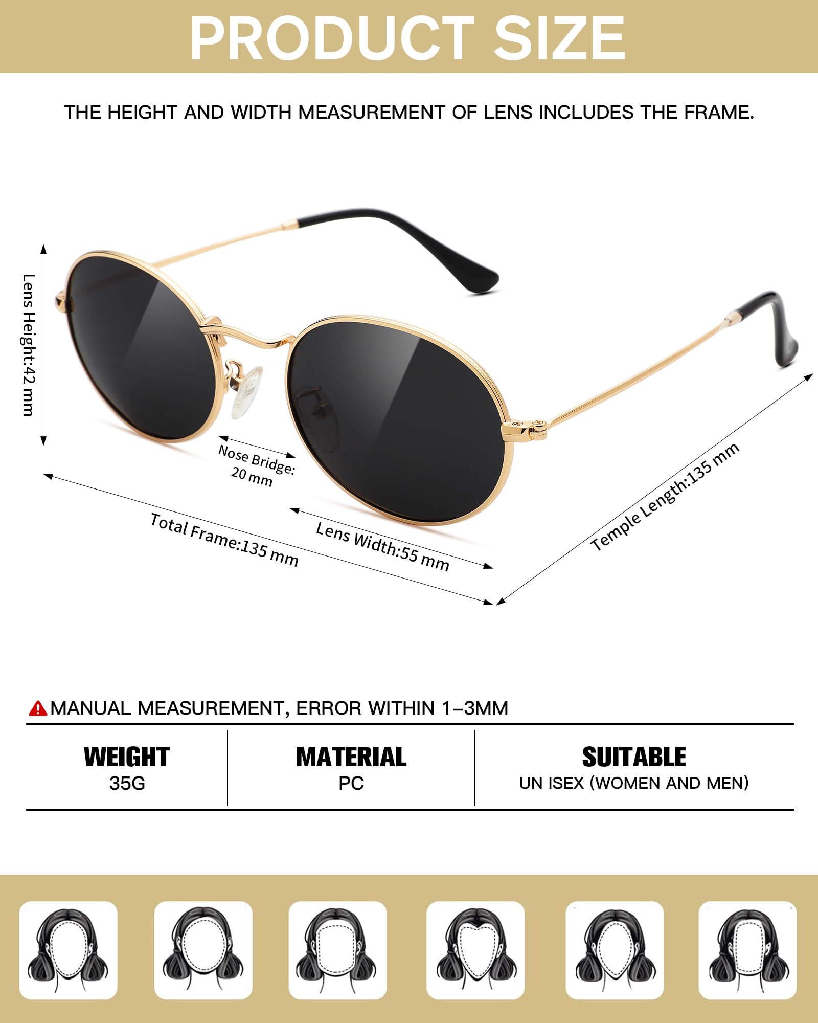 Pro Acme Retro Oval Metal Polarized Sunglasses for Women Men Small Trendy 90s Vintage (Gold/Grey)