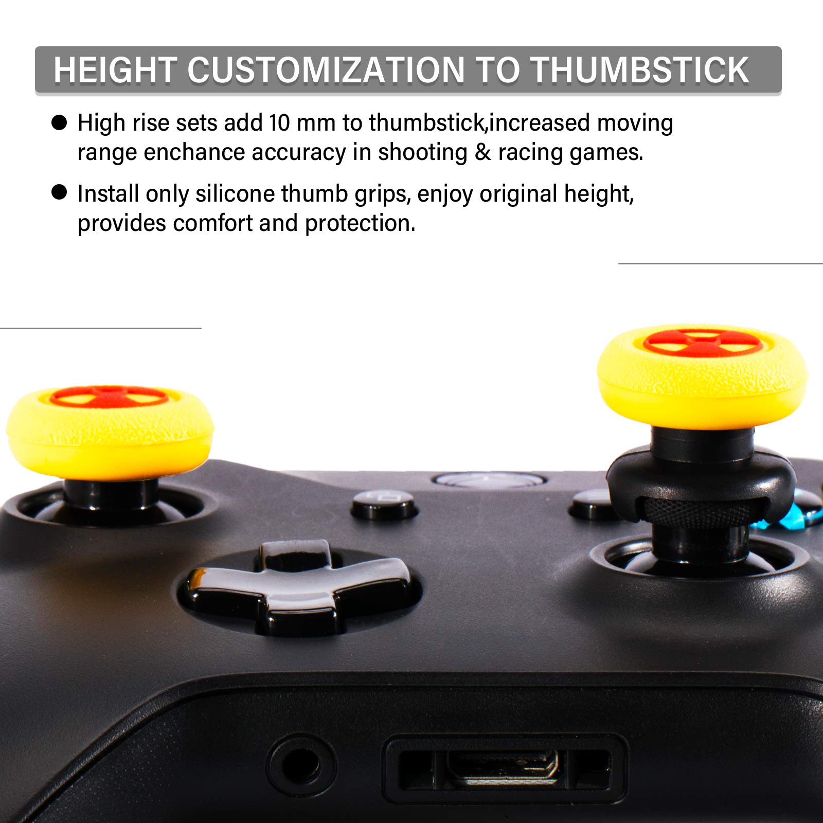Playrealm FPS Thumbstick Extender & 3D Texture Rubber Silicone Grip Cover 2 Sets for Xbox Series X/S & Xbox One Controller(Radiation Yellow)