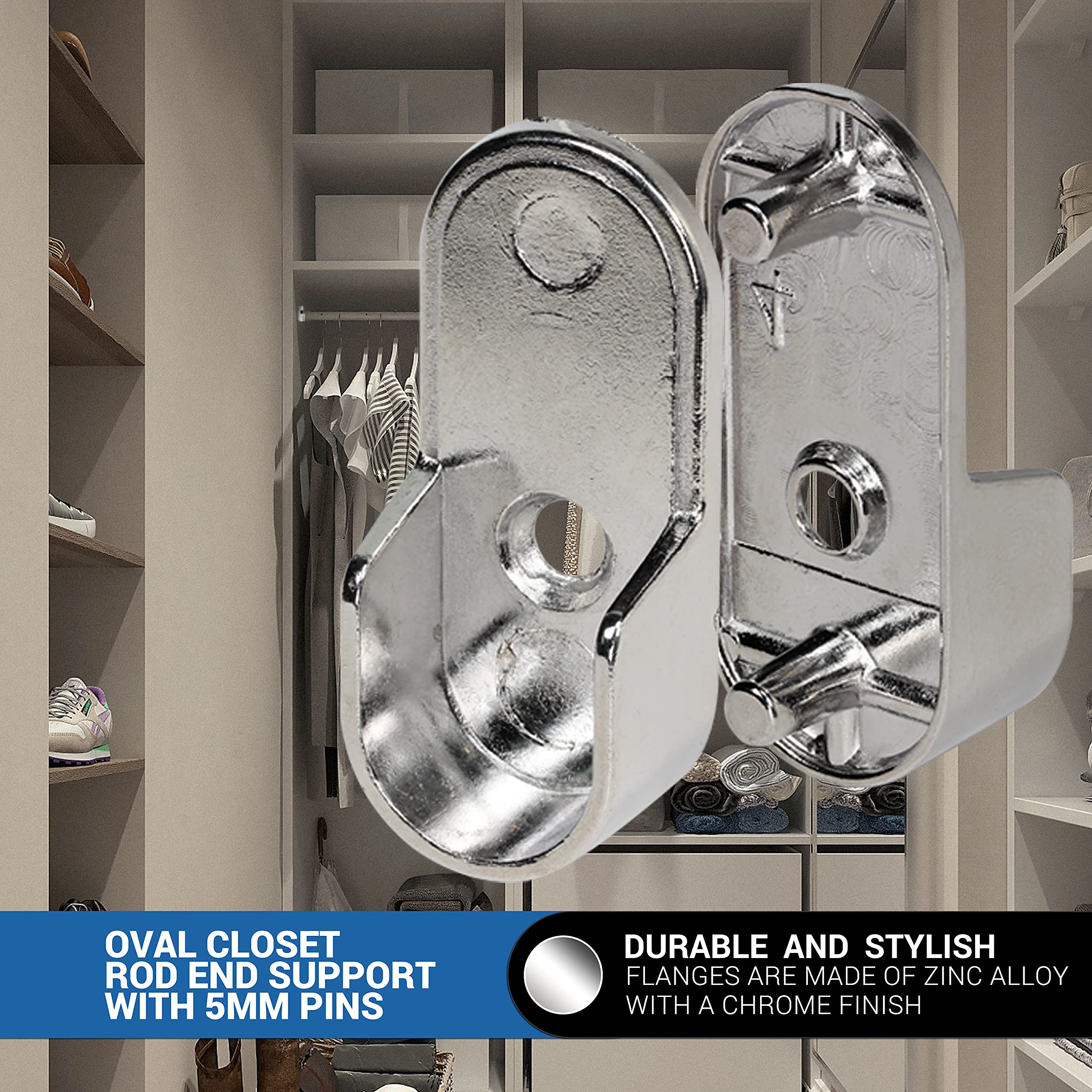 Rok Hardware Chrome 1-3/16" (30 mm) x 19/32" (15mm) Oval Closet Rod End Support with 3/16" (5mm) Pins 30X15X5MMCH (2 Pack)
