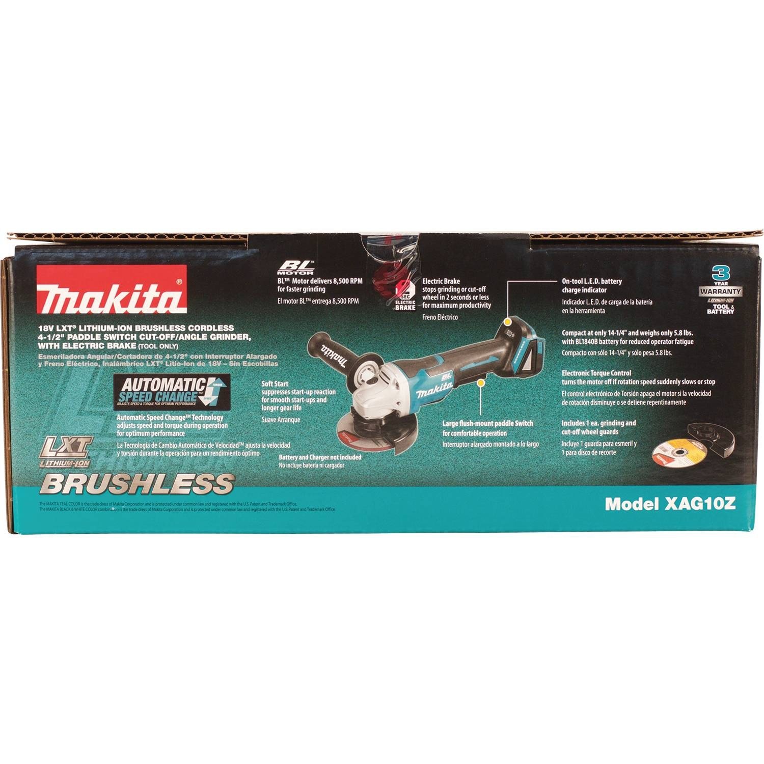 Makita XAG10Z 18V LXT® Lithium-Ion Brushless Cordless 4-1/2" Paddle Switch Cut-Off/Angle Grinder, with Electric Brake, Tool Only