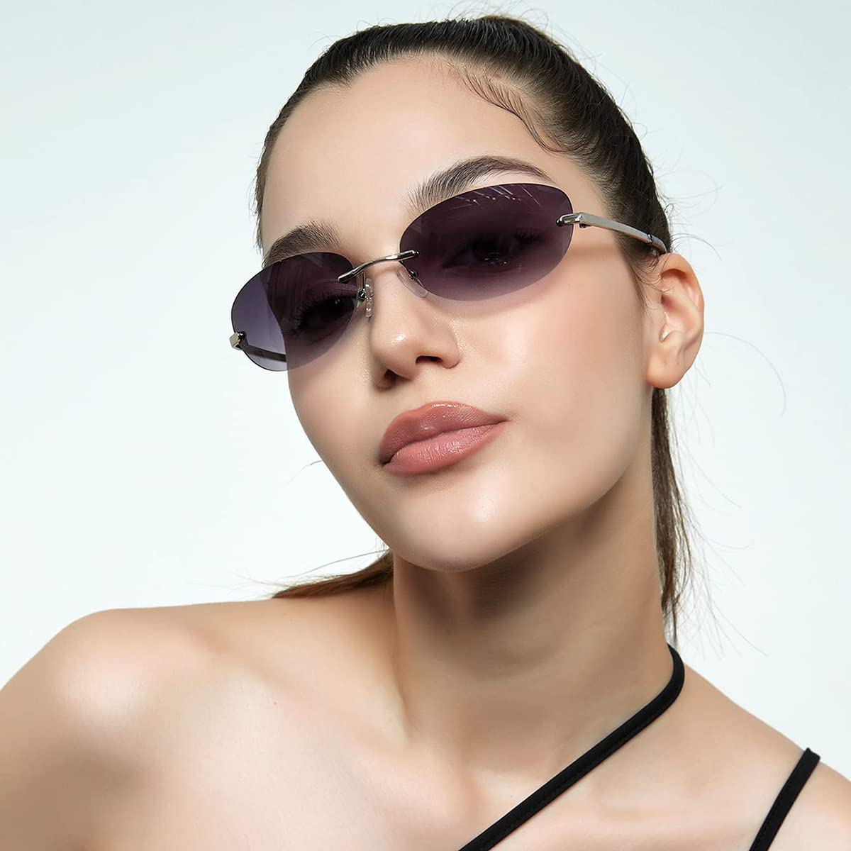 JUDOO Y2K Oval Sunglasses for Men Women 90s Vintage Rimless Rectangle Cool Glasses