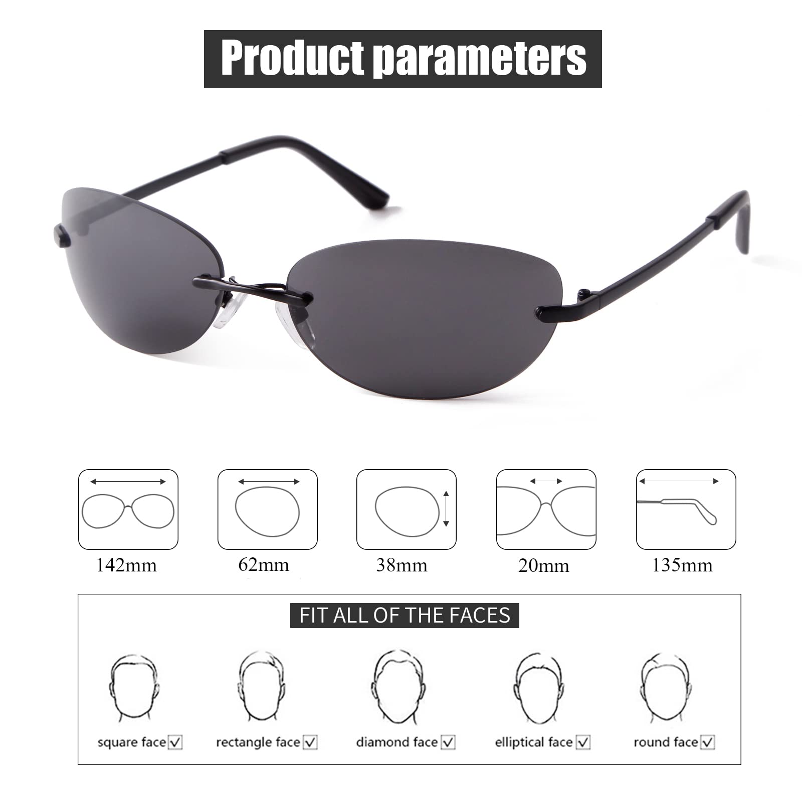 JUDOO Y2K Oval Sunglasses for Men Women 90s Vintage Rimless Rectangle Cool Glasses