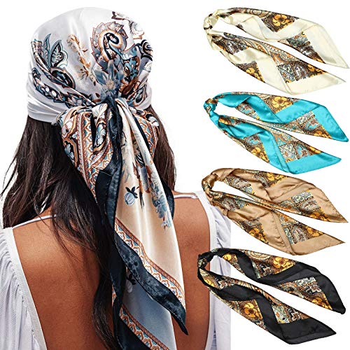 AWAYTR Satin Large Square Head Scarves - 4PCS Silk Like Neck Scarf Hair Sleeping Wraps Lightweight Satin Silk Scarfs for Women (Cashew(Black/Blue/Camel/Beige))