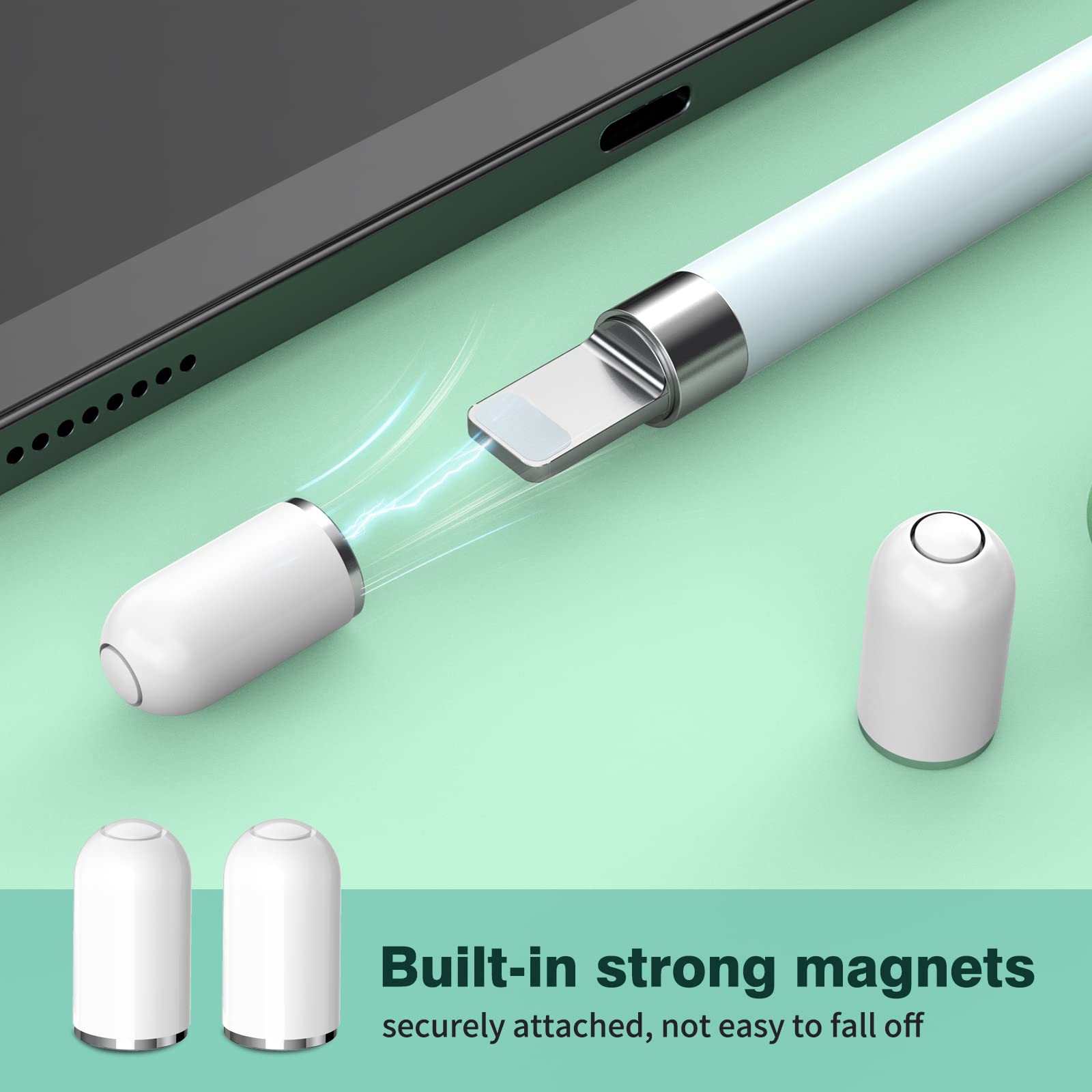 Jelanry Magnetic iPencil Cap Replacement with Silicone Cap Holder for Apple Pencil 1st Gen, Anti-Lost Protective Cover Pencil Accessories for iPad A16 11th 10th 9 8 7 6 Air Mini Pro(2 Cap+4 Cap Cover)