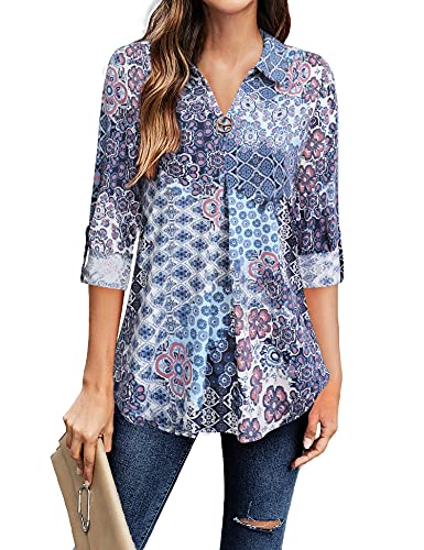 VALOLIA Women's 3/4 Sleeve Tunic Tops to wear with Leggings, Ladies Dress Shirts and Blouses for Work Long Sleeve Red Office Blouses Print V Neck Business Casual Flowy Fall Dressy Silk Elegant Blue